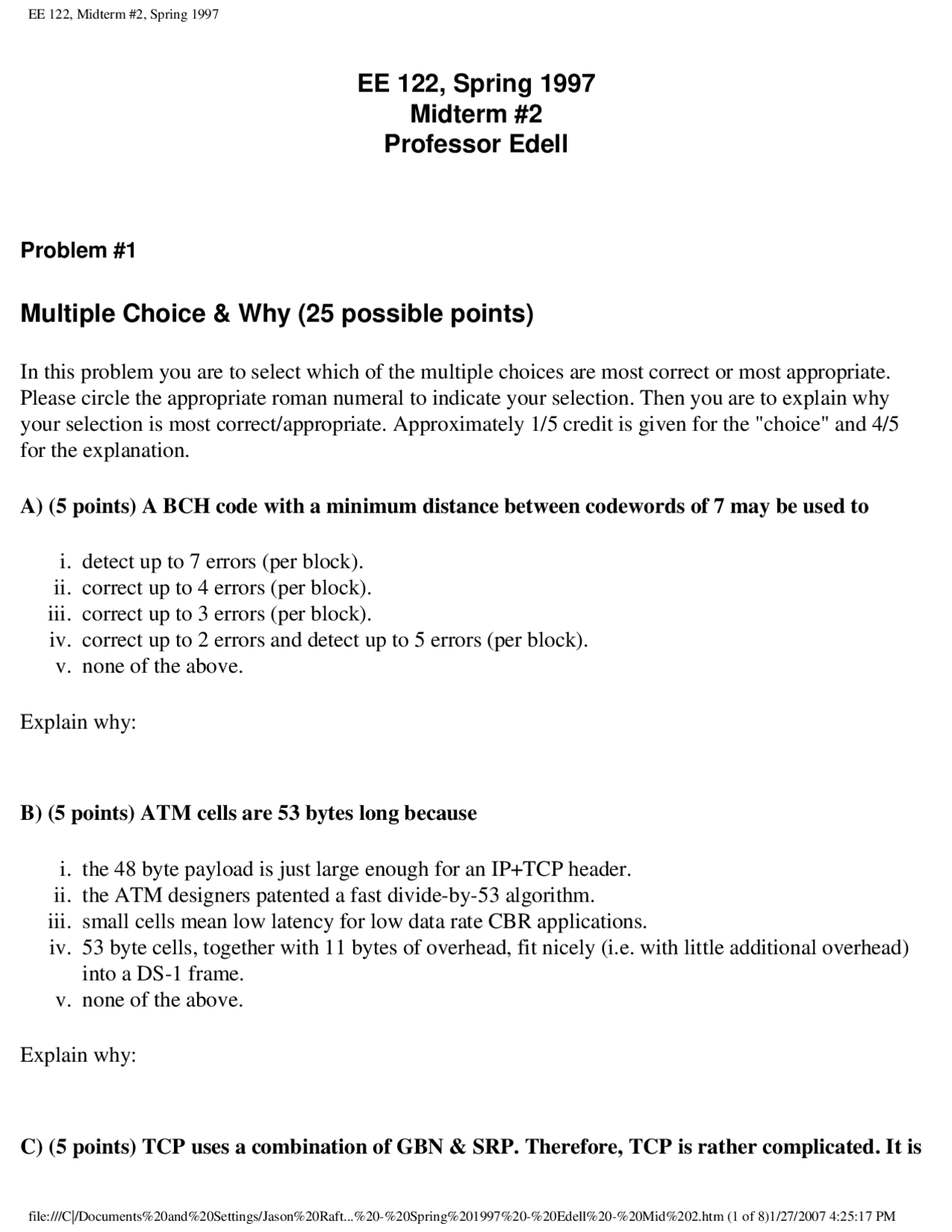 Errors - Introduction to Communications Networks - Exam - Docsity