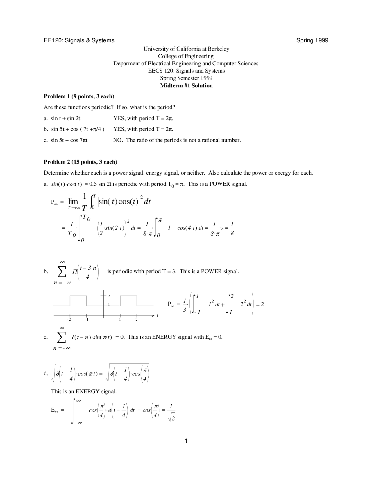 EE120: Signals & Systems Midterm Solutions, UC Berkeley, Spring 1999 | Exams Signals and Systems ...