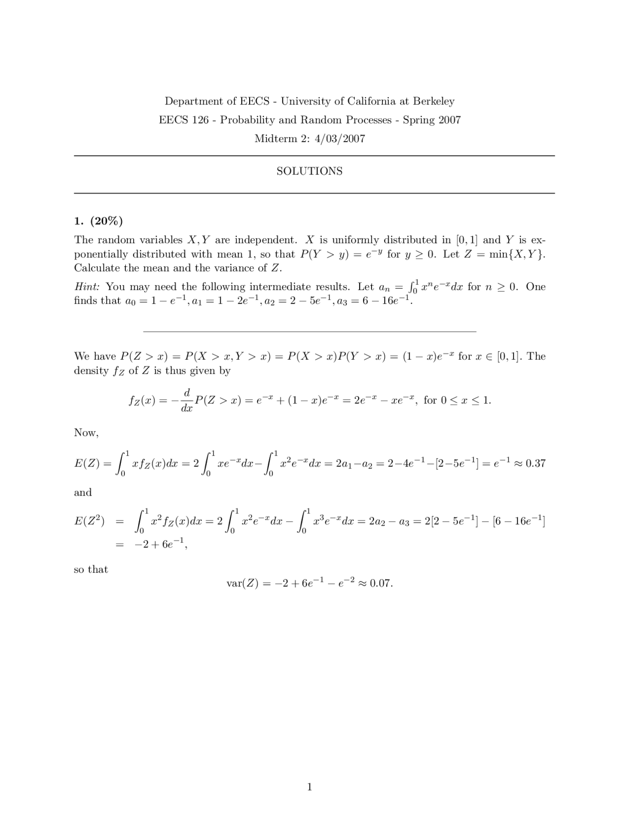 Intermediate - Probability and Random Processes - Solved Exam - Docsity