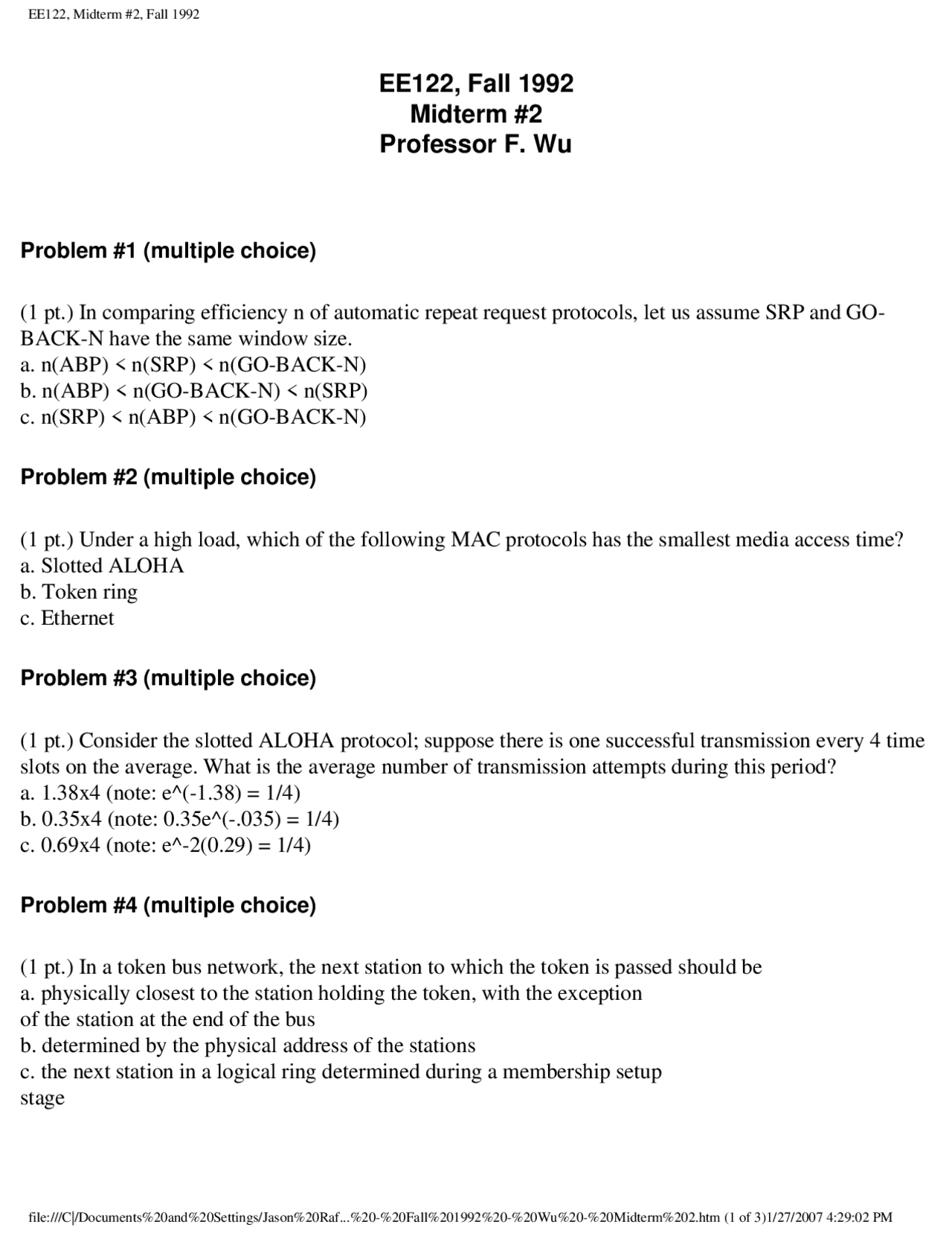 Window - Introduction to Communications Networks - Exam - Docsity