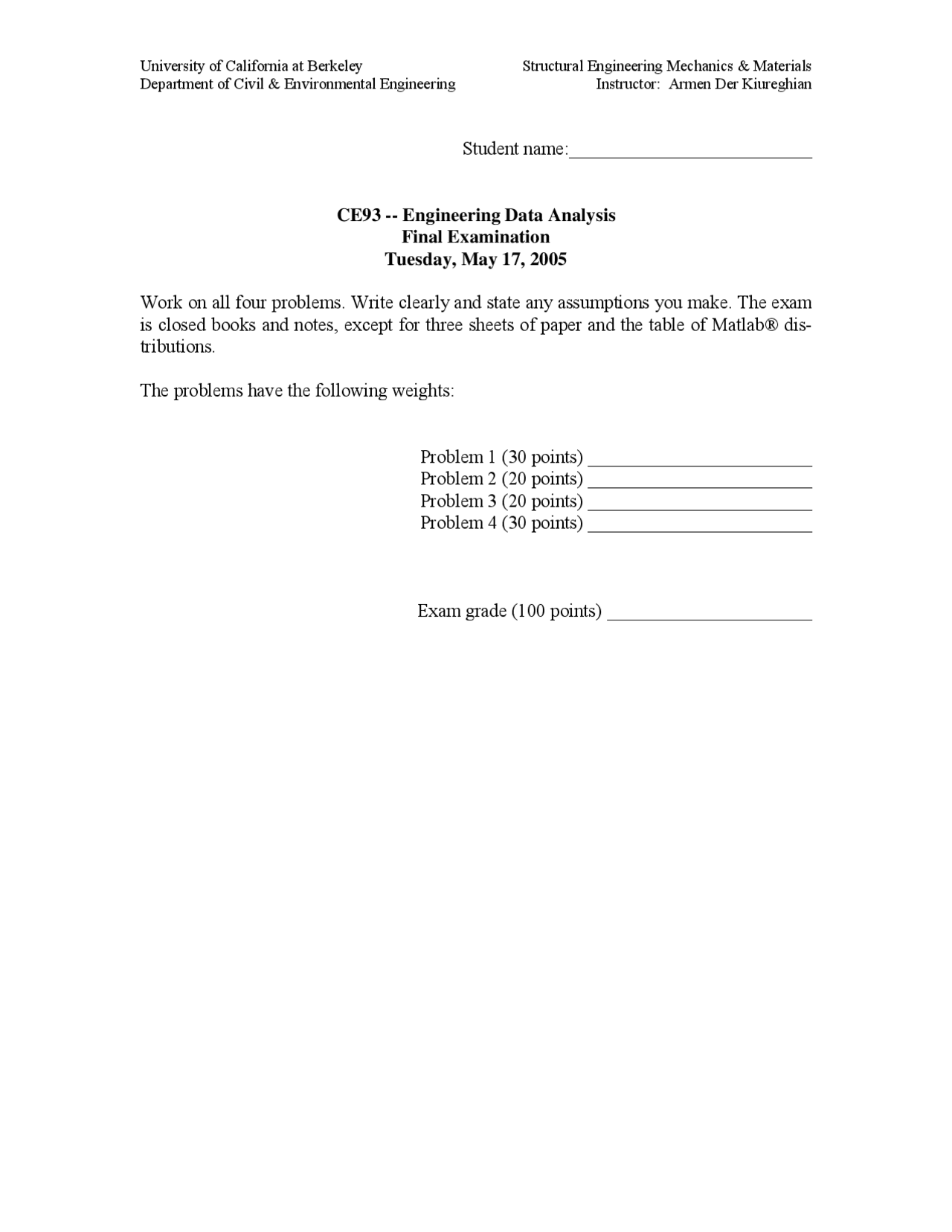 Timely Completion - Engineering Data Analysis - Solved Exam - Docsity