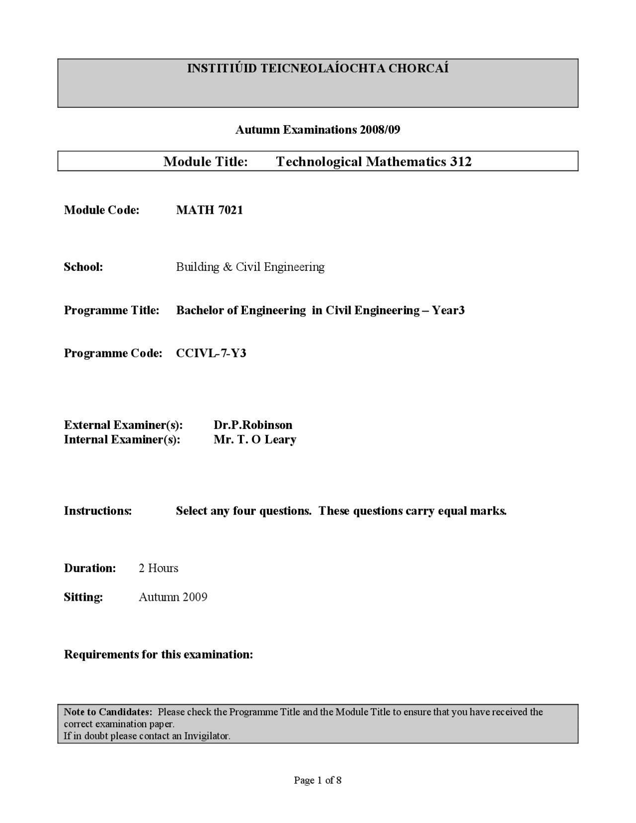 Least Squares Method Technological Mathematics Old Exam Paper Docsity