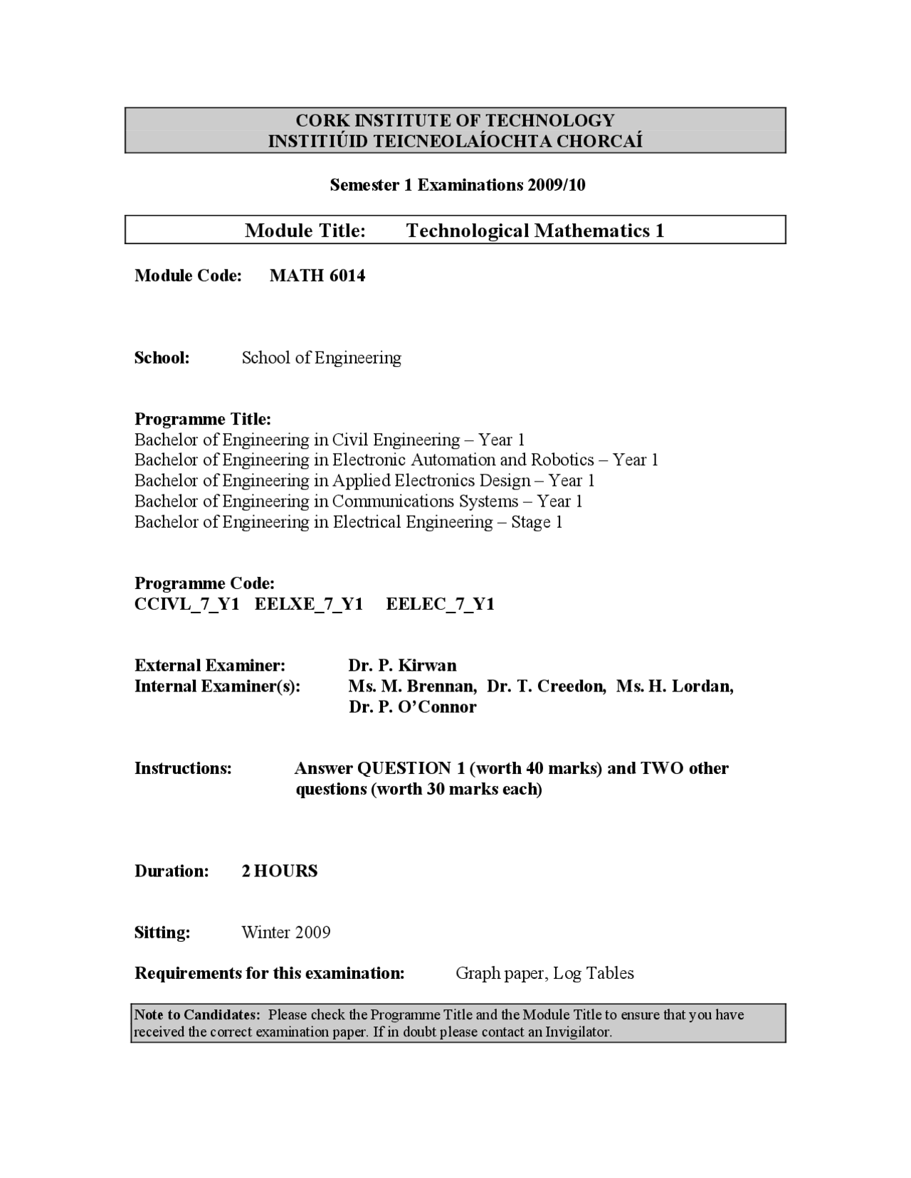 Phase Angle Technological Mathematics Old Exam Paper Docsity