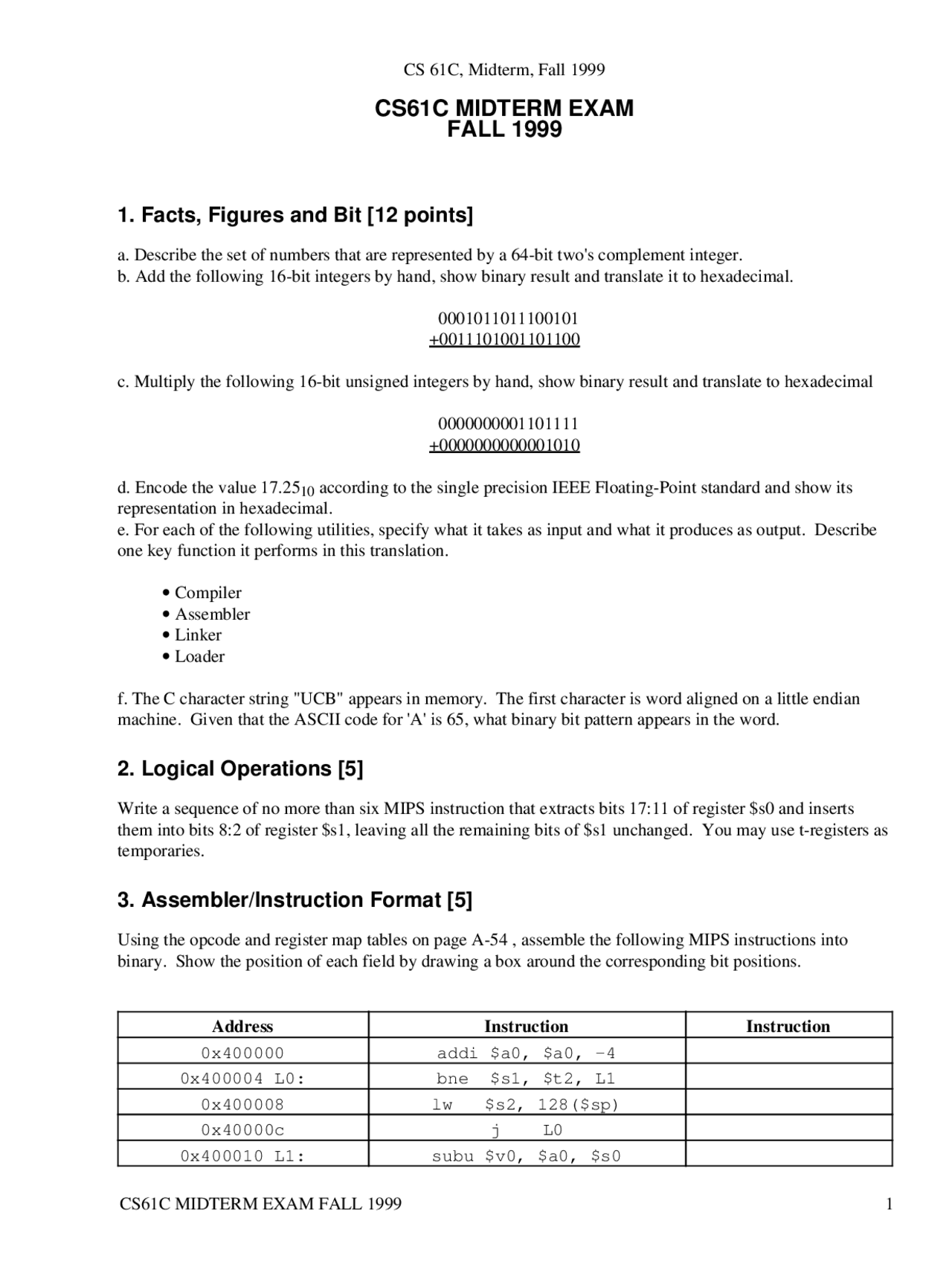 Logical Operations Machine Structures Exams Docsity