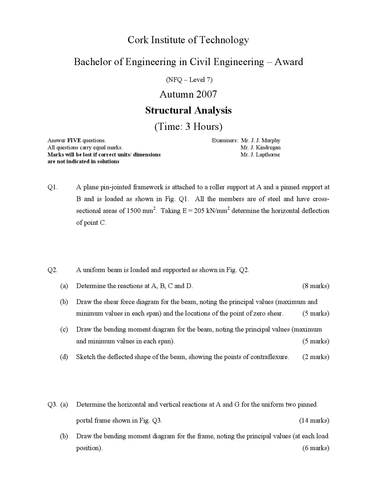 Structural Analysis Exam for Civil Engineering Students - Cork ...
