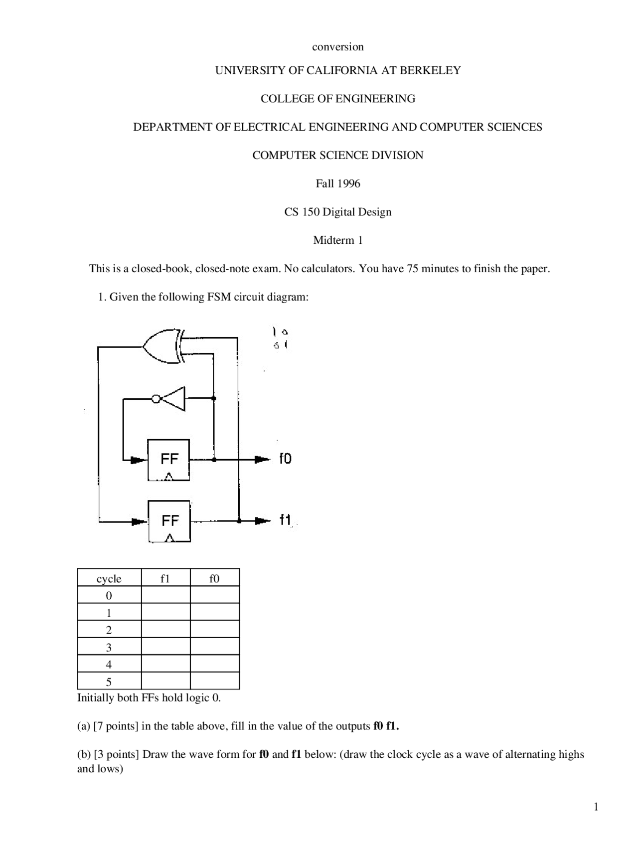 CS 150 Digital Design Midterm 1 Exam from University of California ...