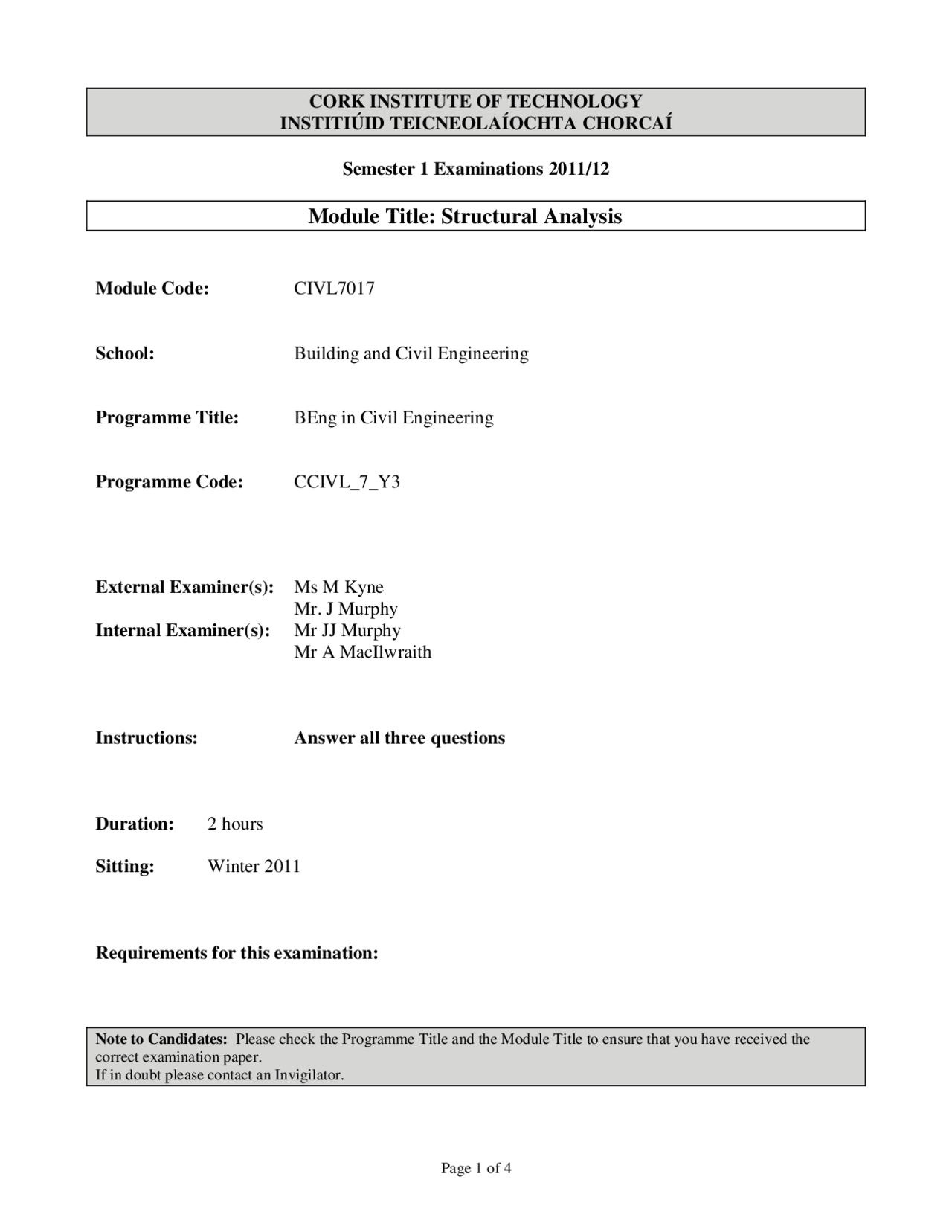Significant Values Structural Analysis Old Exam Paper Docsity