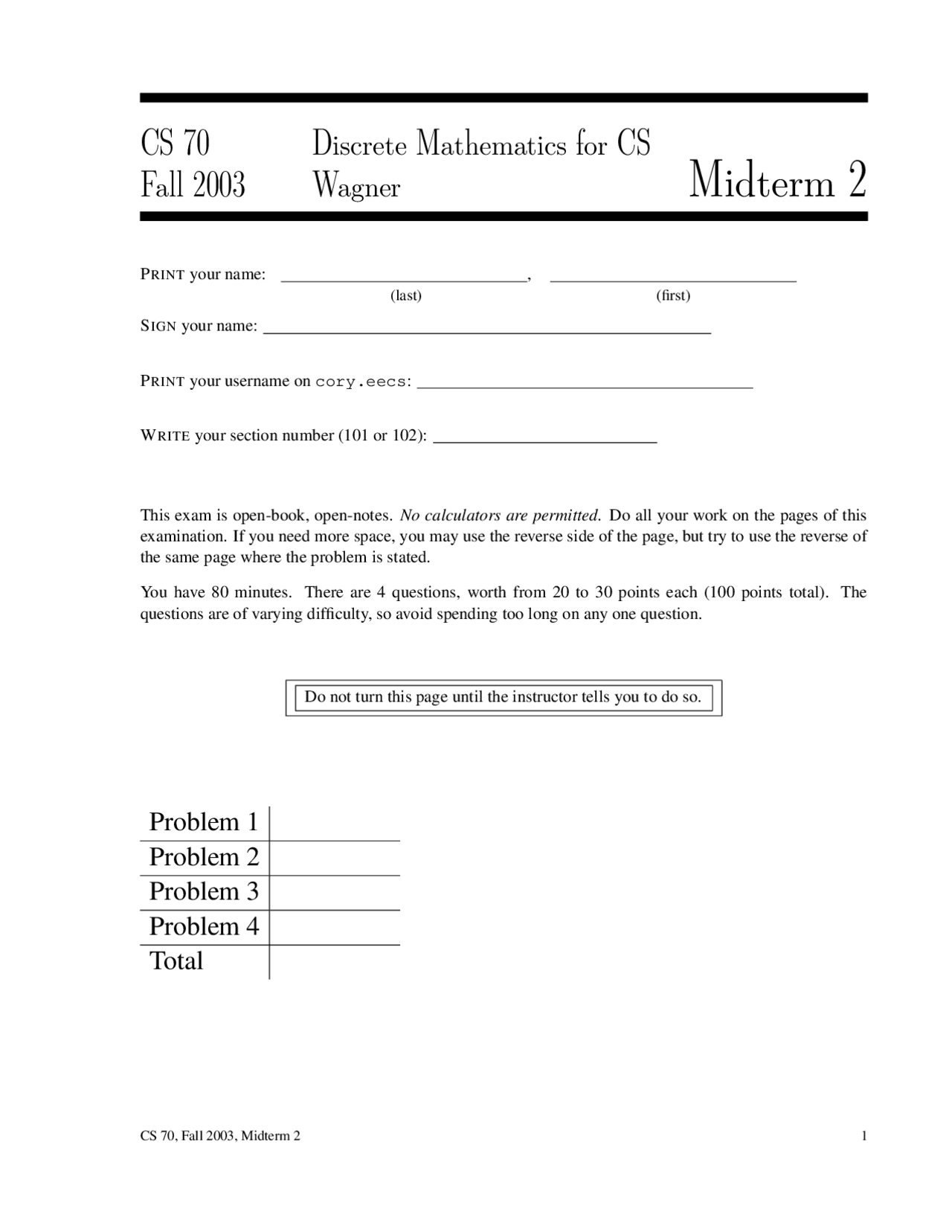Cs 70 Midterm 2 Exam In Discrete Mathematics For Cs Exams Discrete Mathematics Docsity