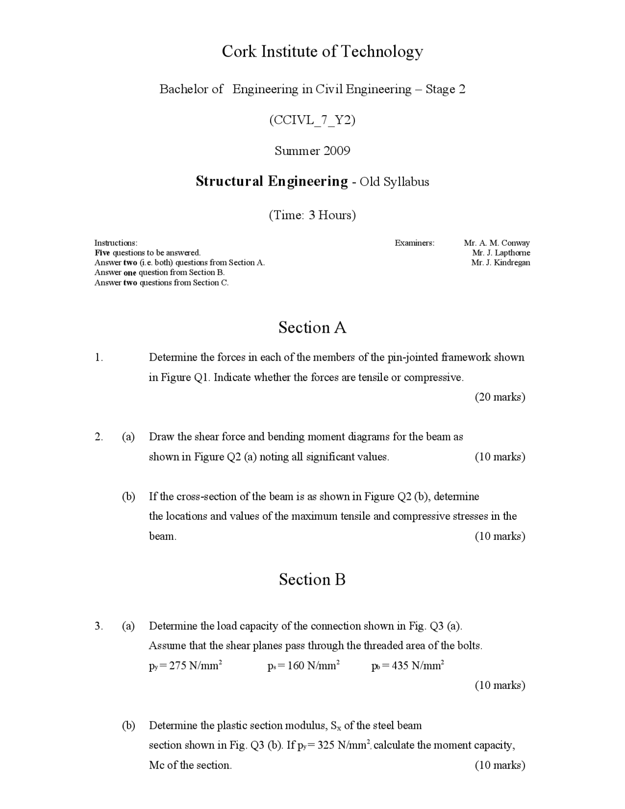 Pin-Jointed Framework - Structural Engineering - Old Exam Paper - Docsity