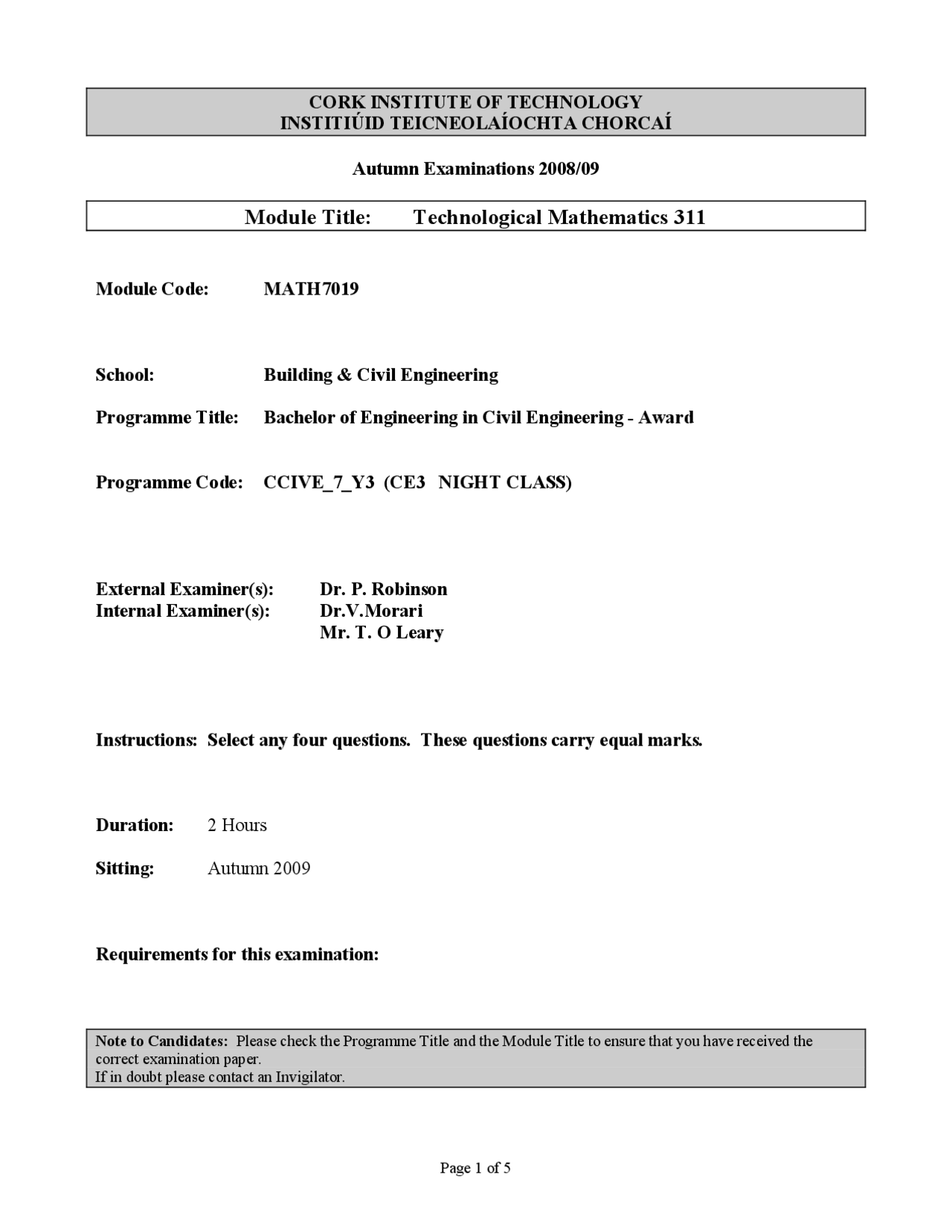 Find Deflection Technological Mathematics Old Exam Paper Docsity