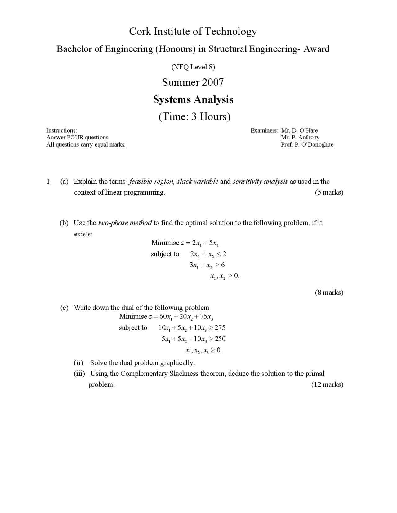 Linear Programming Systems Analysis Old Exam Paper Exams Systems
