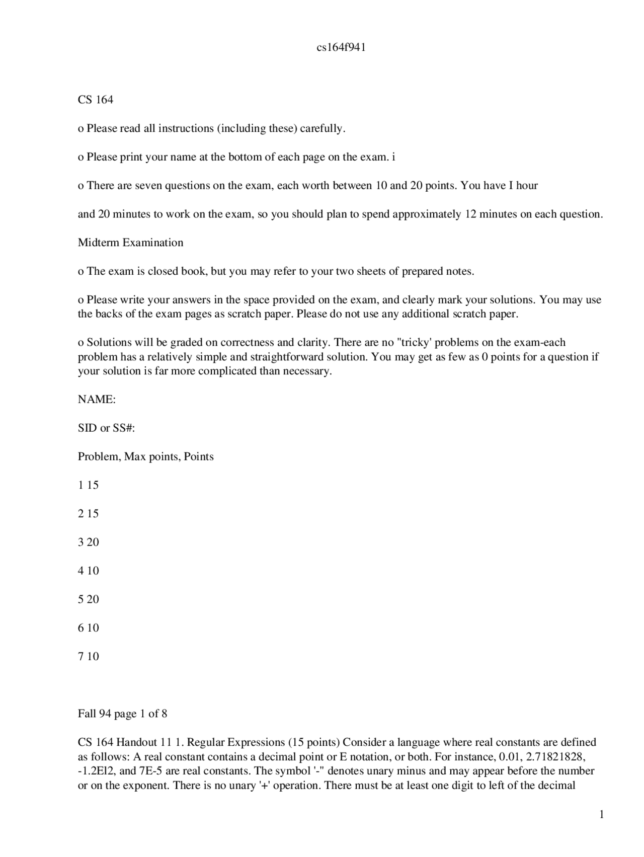 Regular Expressions Programming Languages And Compilers Exams Docsity