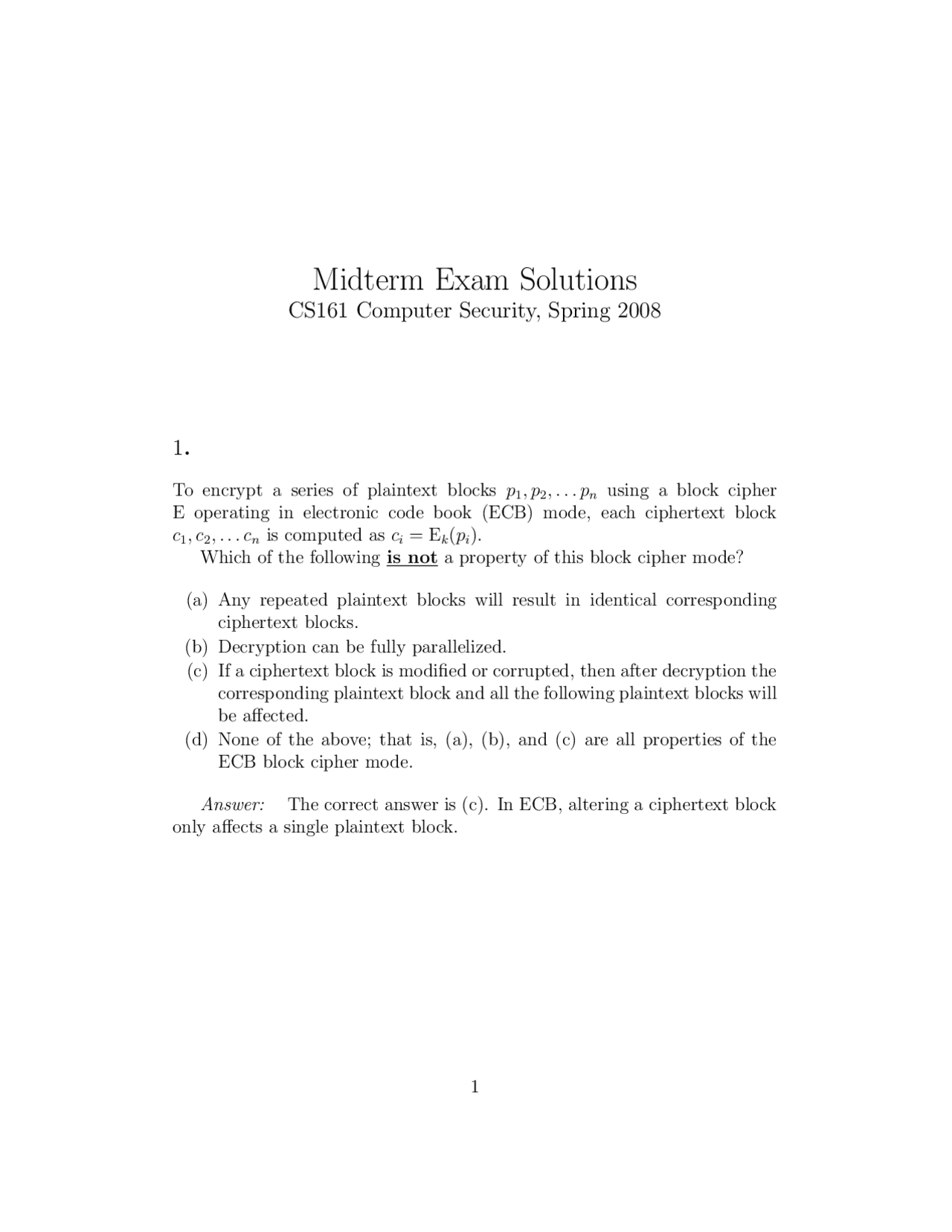 Ciphertext Block Computer Security Solved Exams Docsity