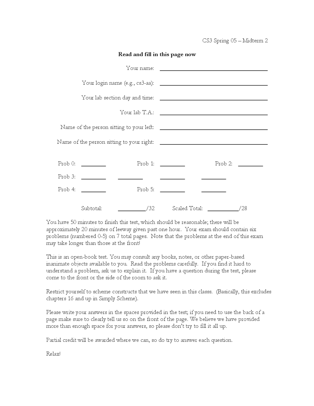 CS3 Spring 05 Midterm 2 - Problem Solving | Exams Computer Programming | Docsity