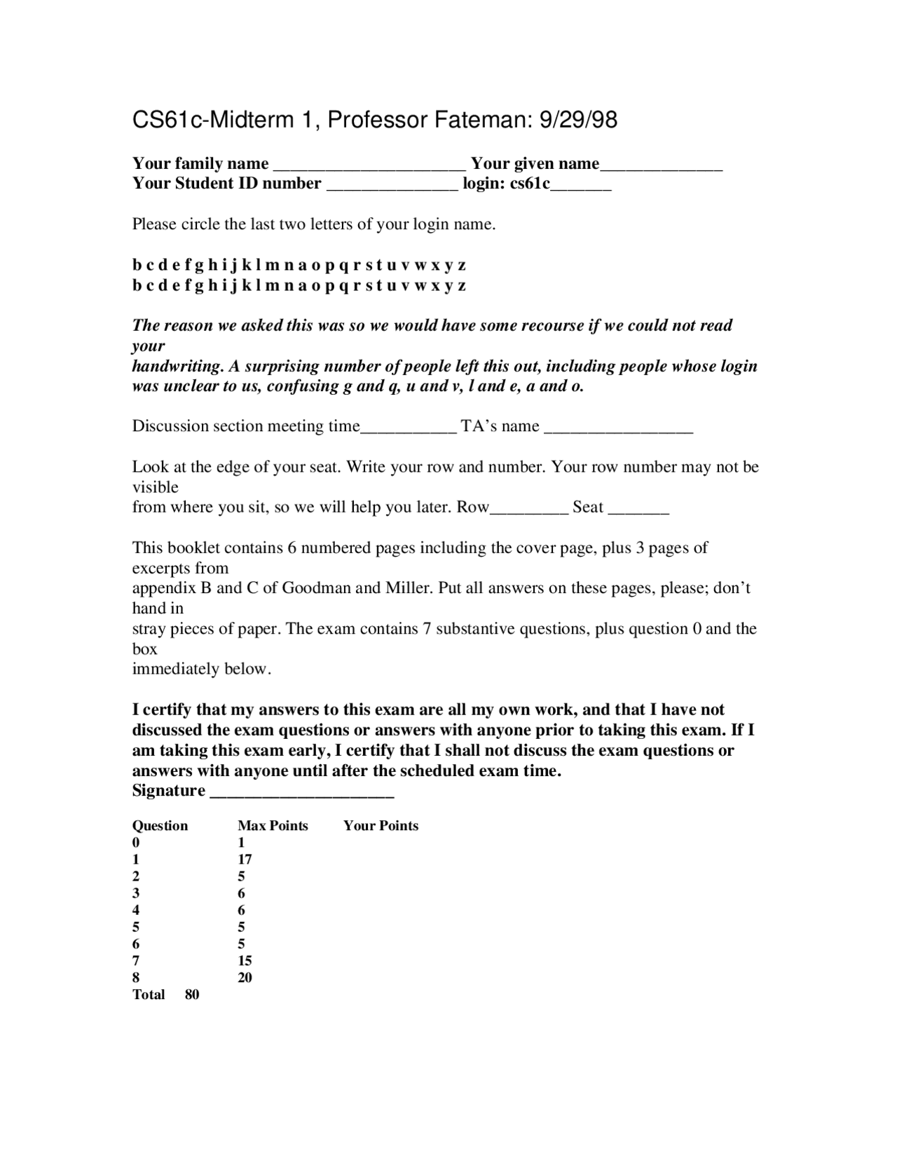 Assembly Language Machine Structures Exams Docsity