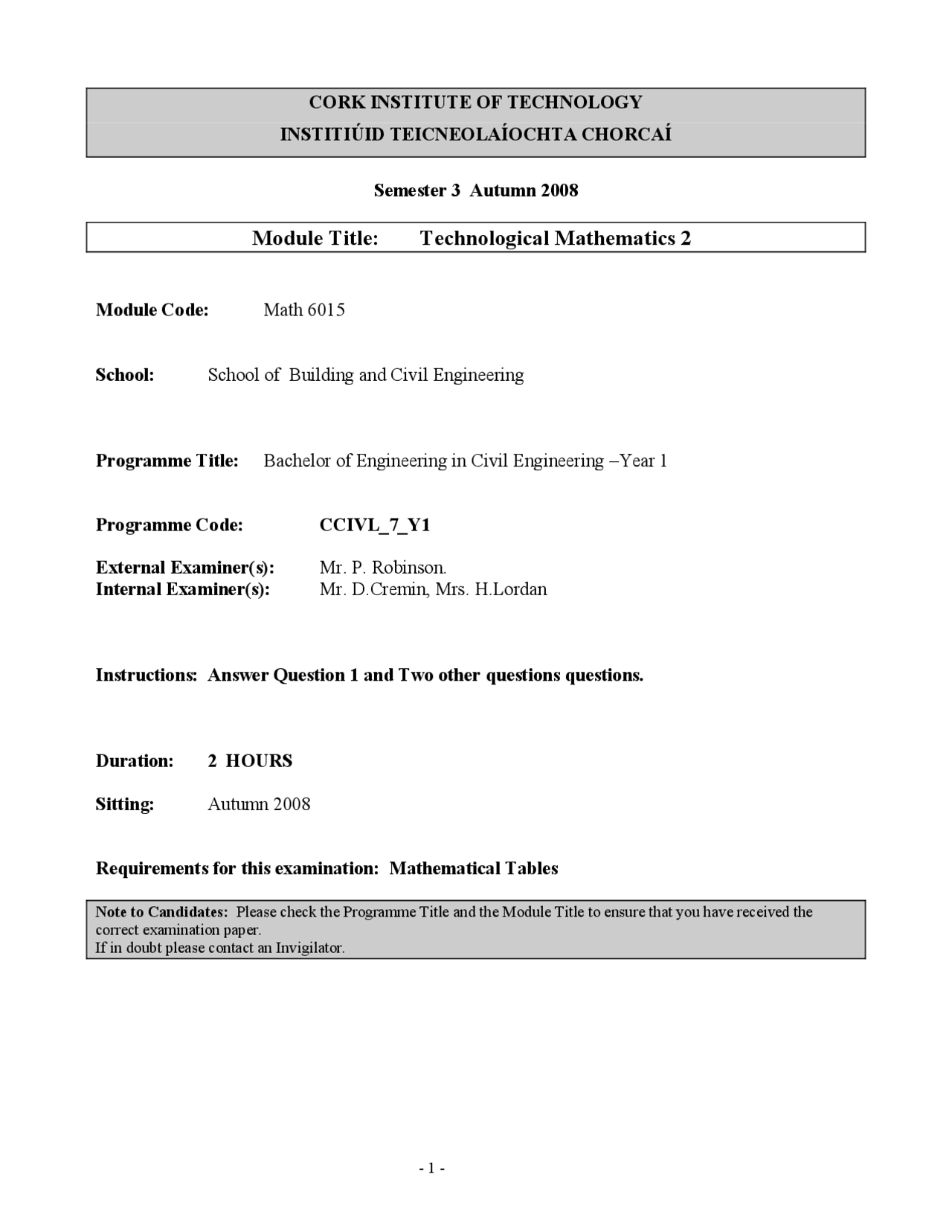 Evaluate Integral Technological Mathematics Old Exam Paper Docsity