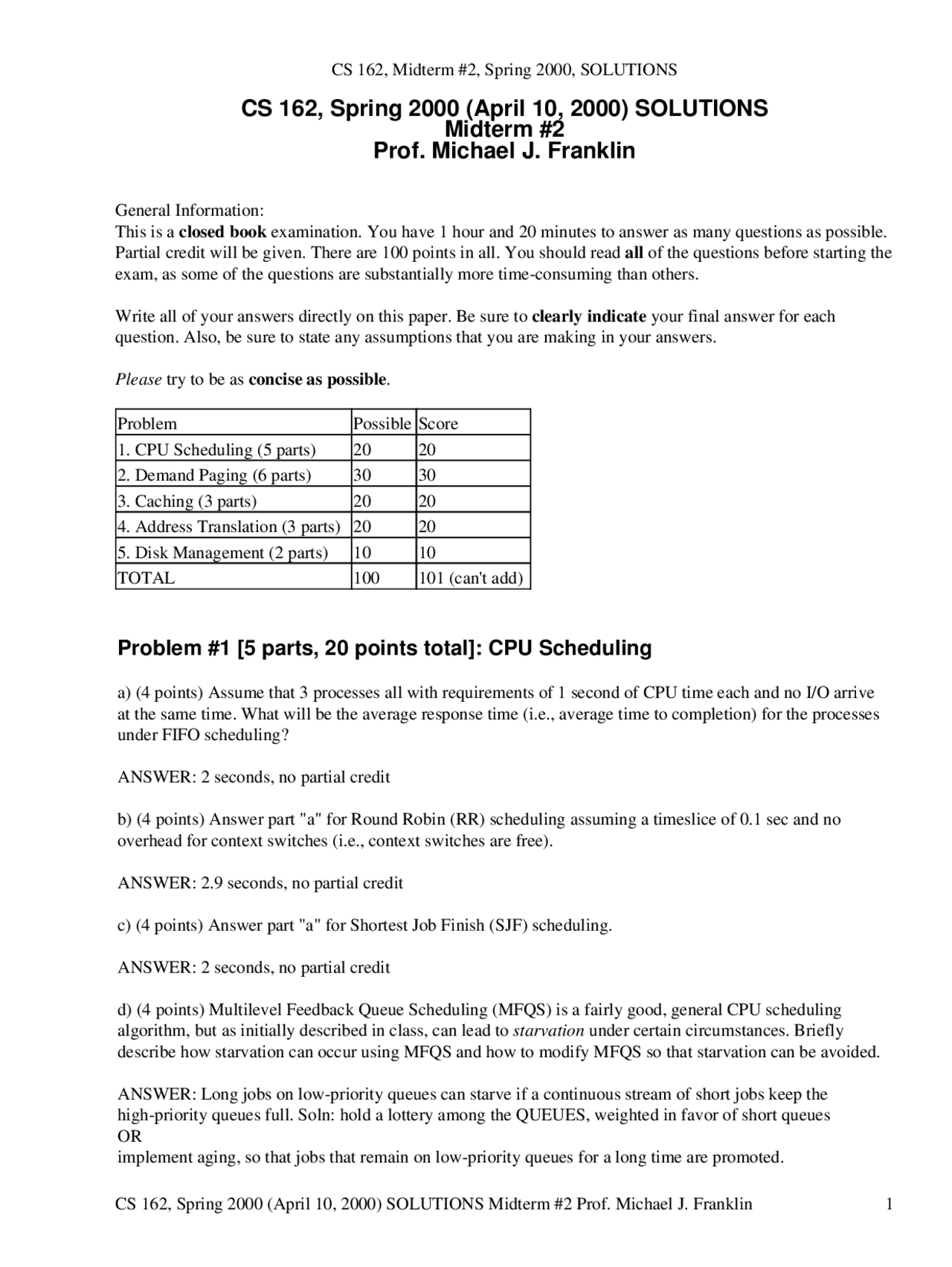 Parameter Values Operating Systems And System Programming Solved Exams Docsity