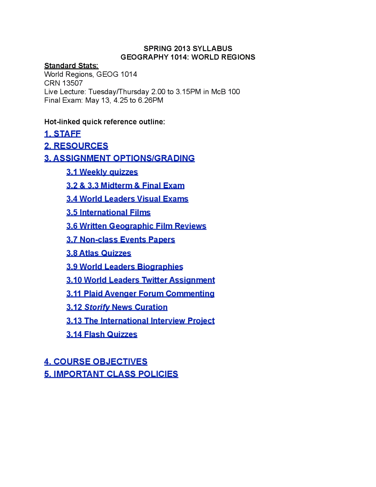 Syllabus World Regions Spring 2013 Geog 1014 Docsity