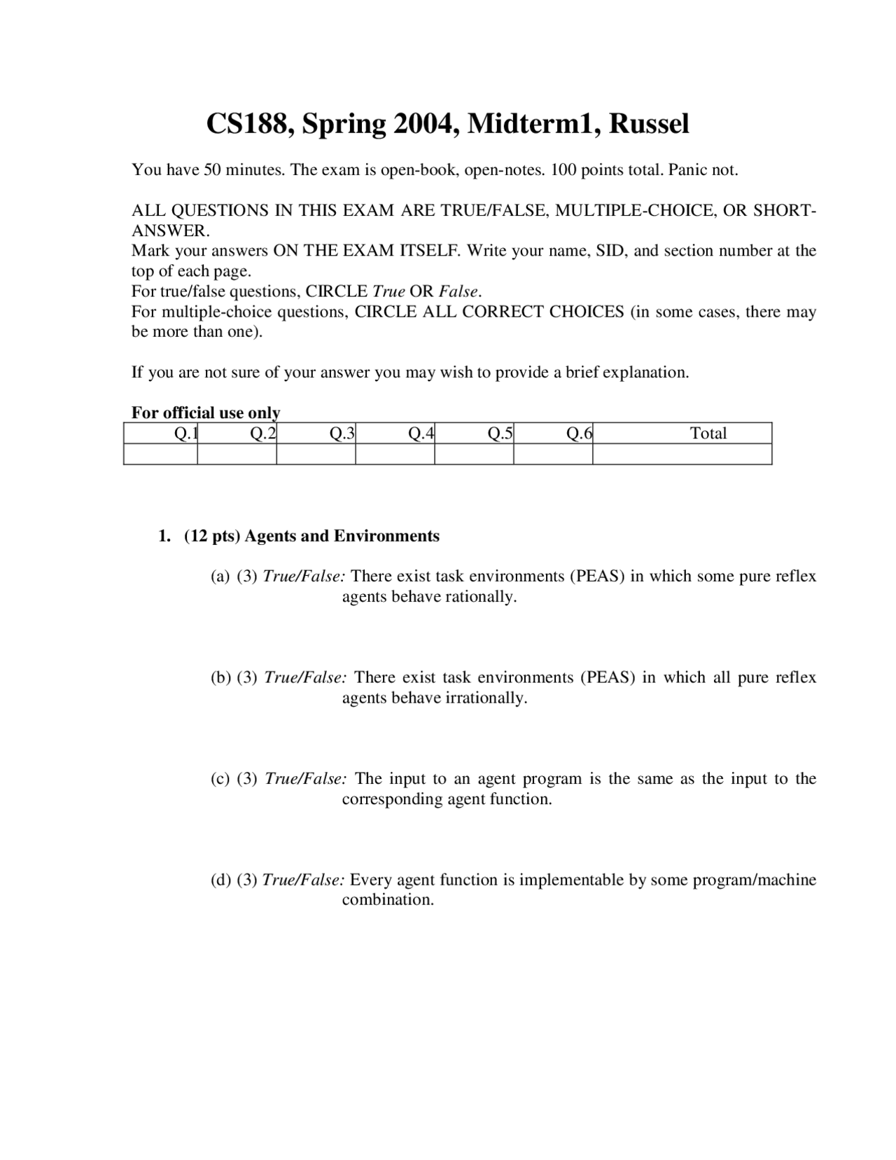 Task Environments Introduction To Artificial Intelligence Exams