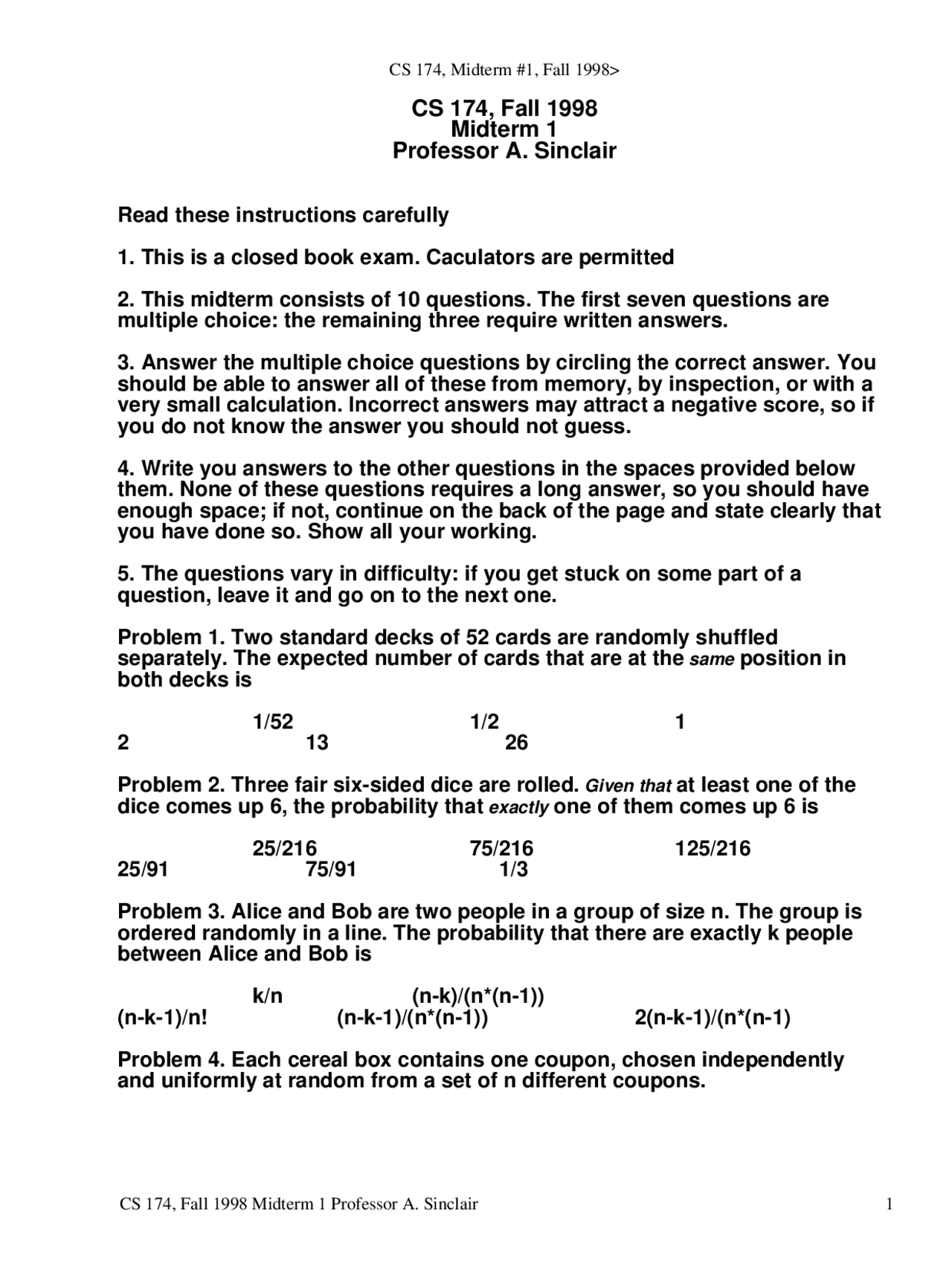 Probability - Combinatorics and Discrete Probability - Exams - Docsity