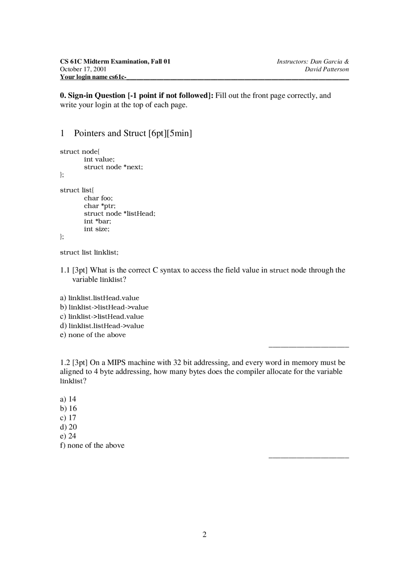 Struct Node - Machine Structures - Exams - Docsity