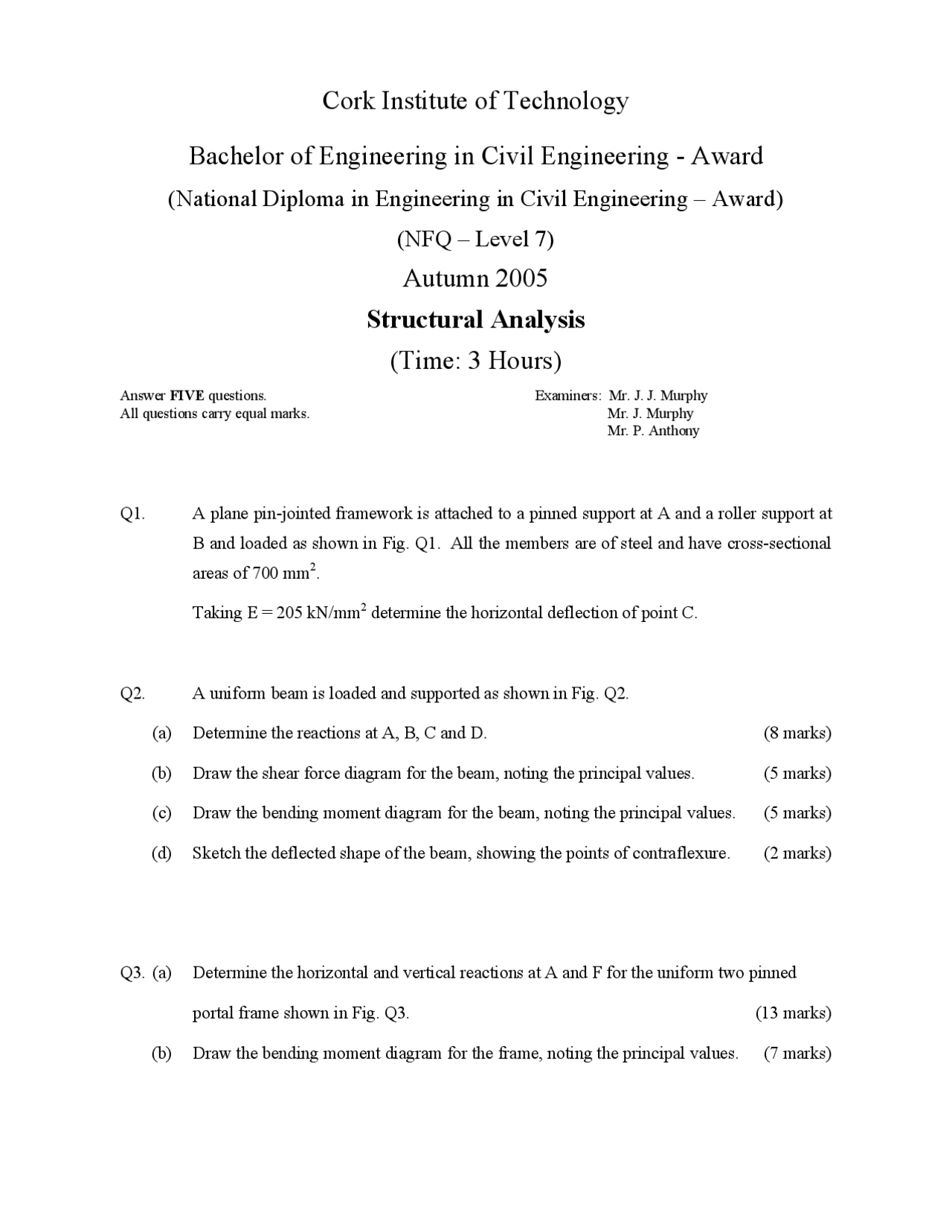 Pinned Portal Frame Structural Analysis Old Exam Paper Docsity