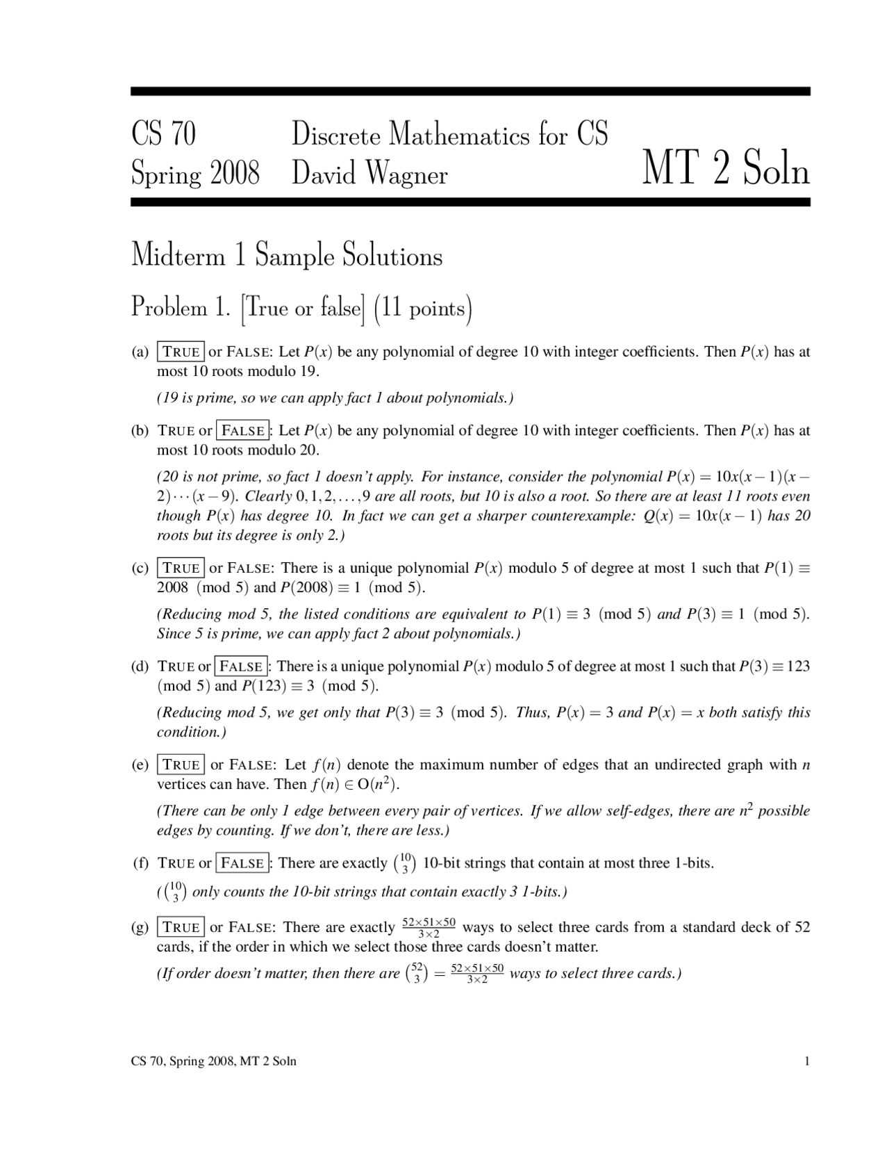 Undirected Graph - Discrete Mathematics and Probability Theory - Solved Exams - Docsity