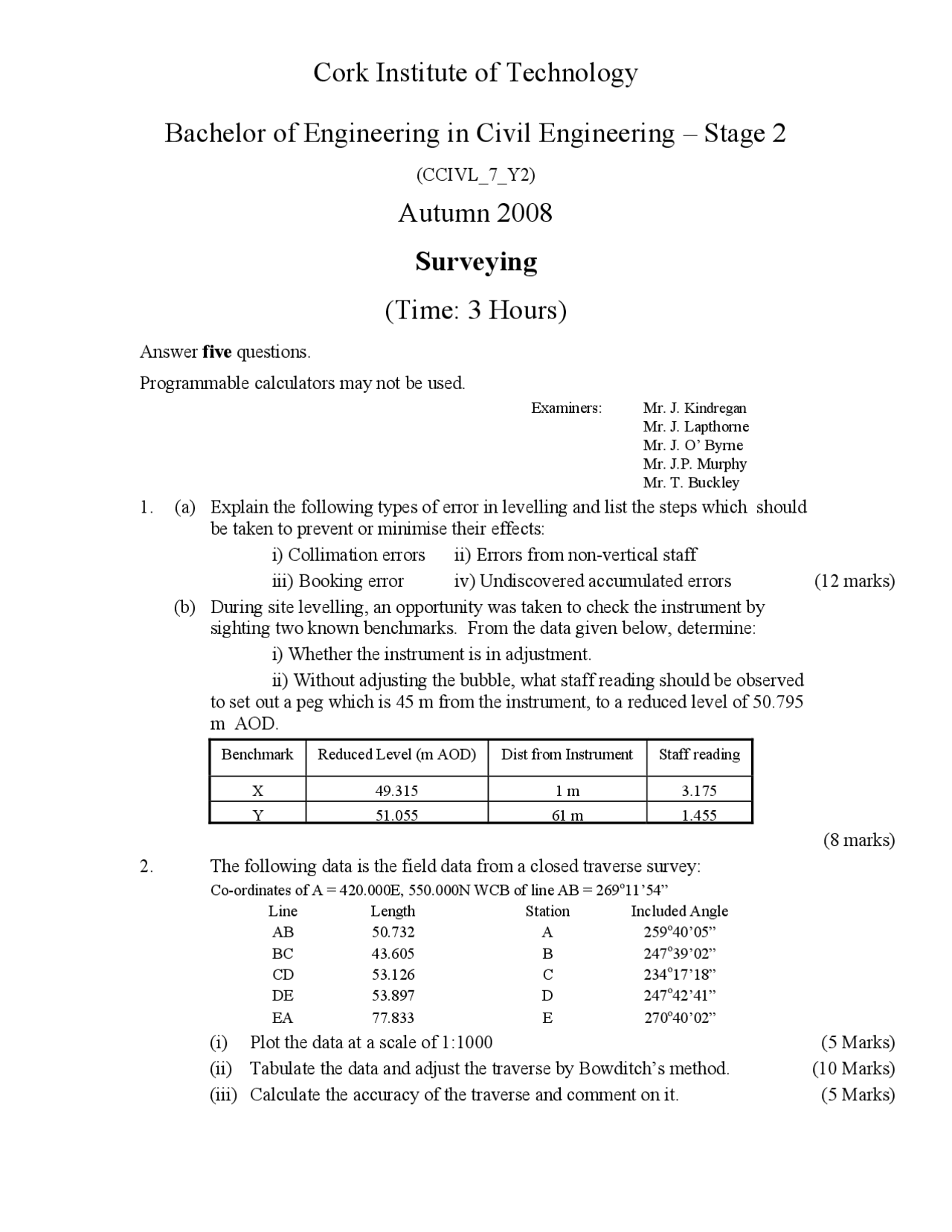 Collimation Errors - Surveying - Old Exam Paper - Docsity
