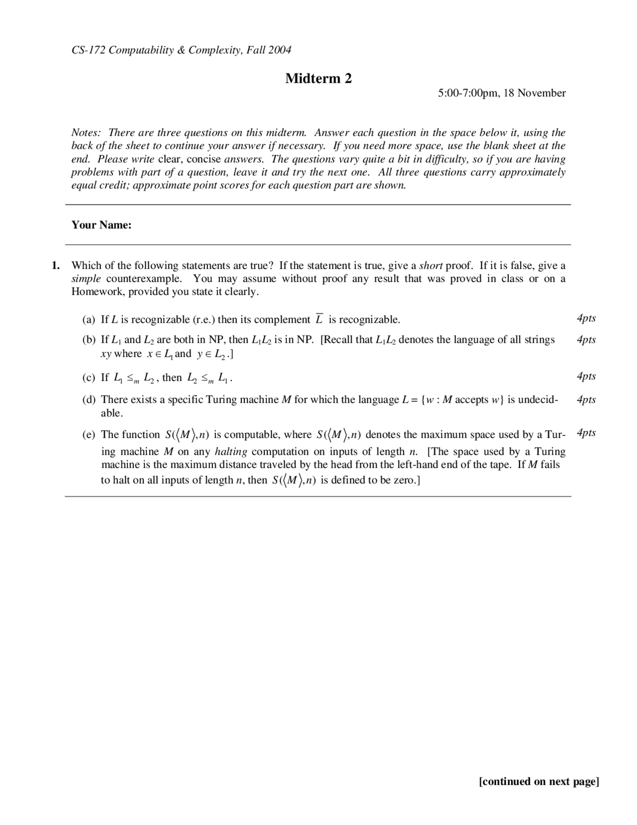 Undecidable Language Computability And Complexity Exams Docsity