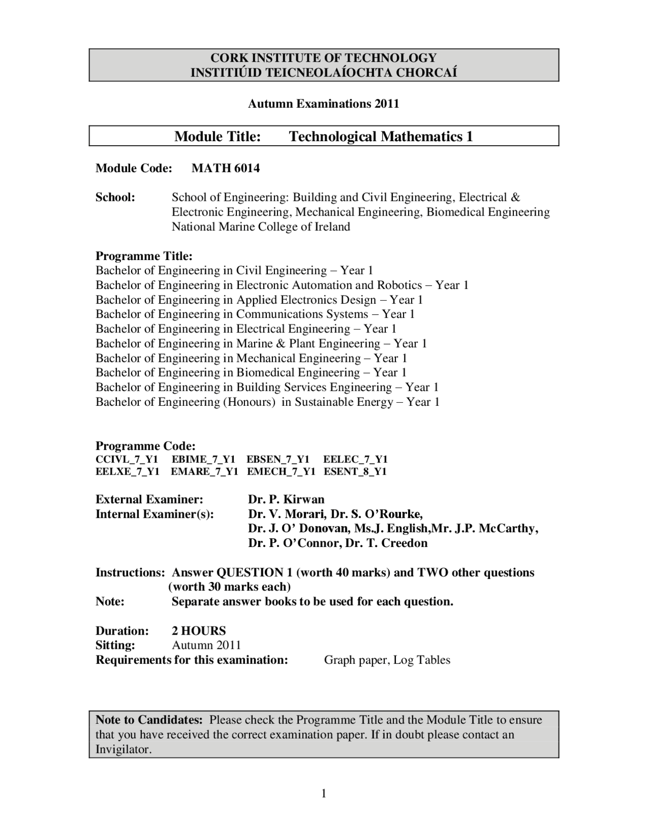 Values for Constants - Technological Mathematics - Old Exam Paper - Docsity
