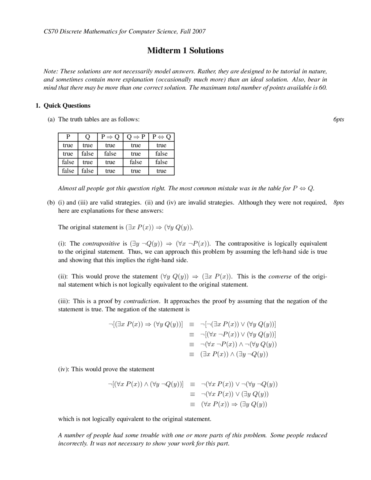 Logically Equivalent - Discrete Mathematics and Probability Theory - Solved Exams - Docsity