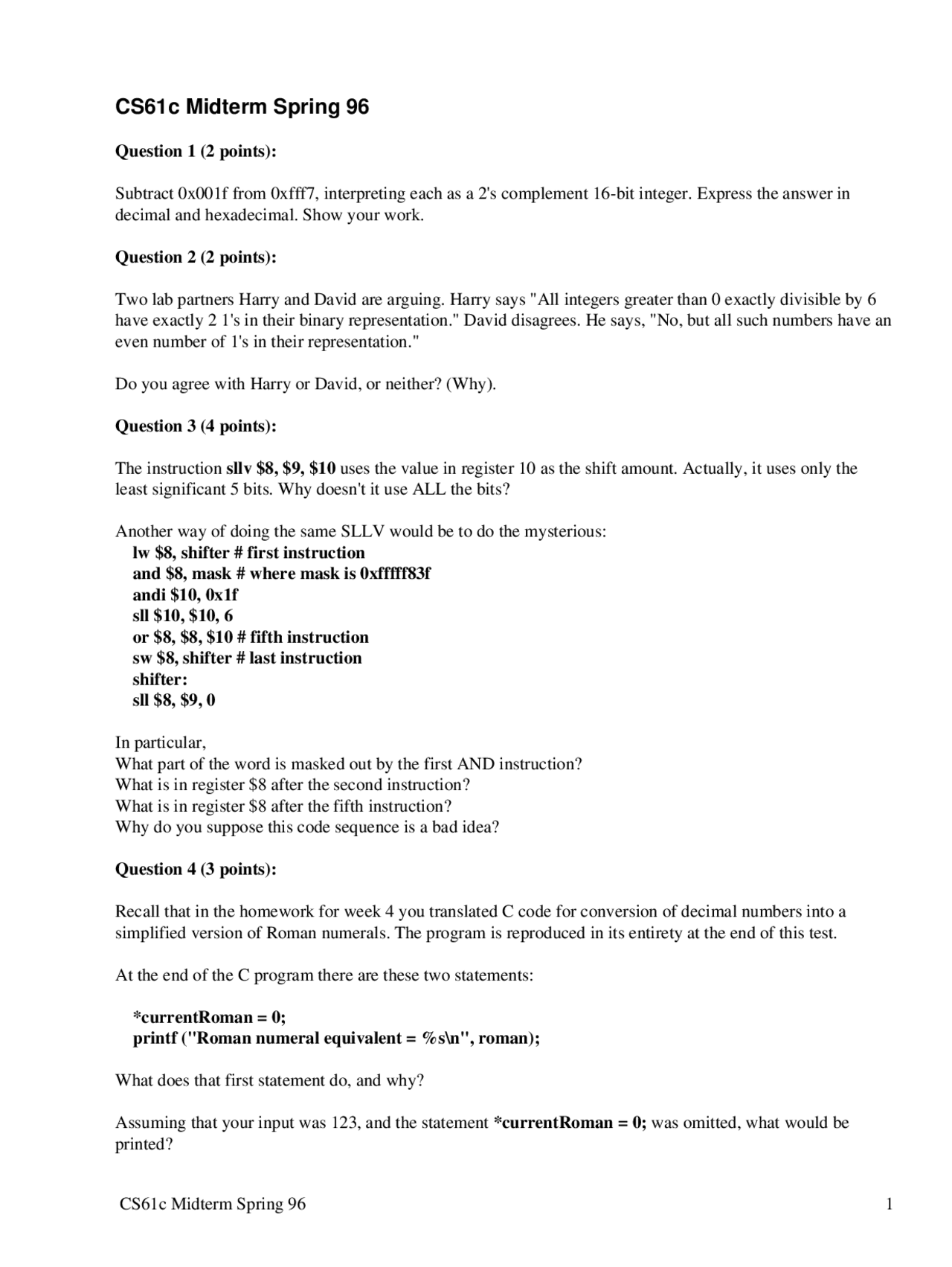 Binary Representation Machine Structures Exams Docsity