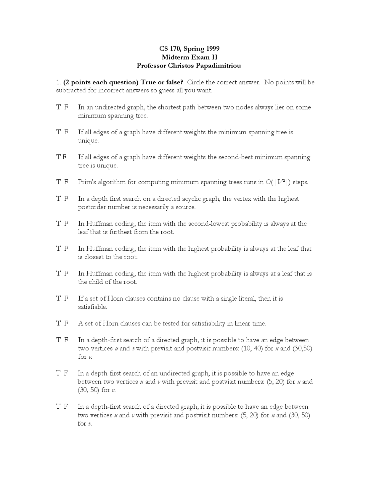 Postvisit Numbers Efficient Algorithms And Intractable Problems Exams Docsity