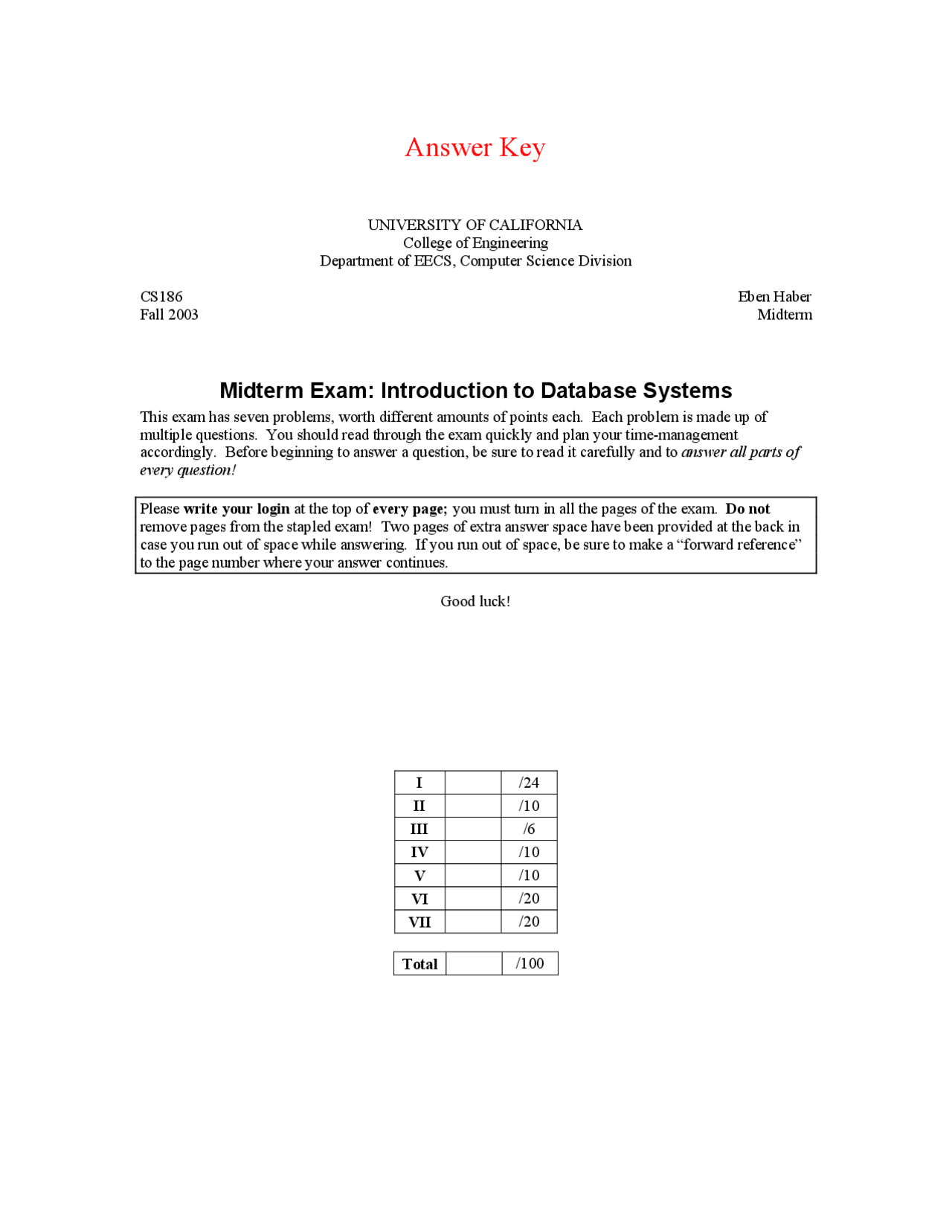 Database Systems - Introduction to Database Systems - Solved Exams - Docsity