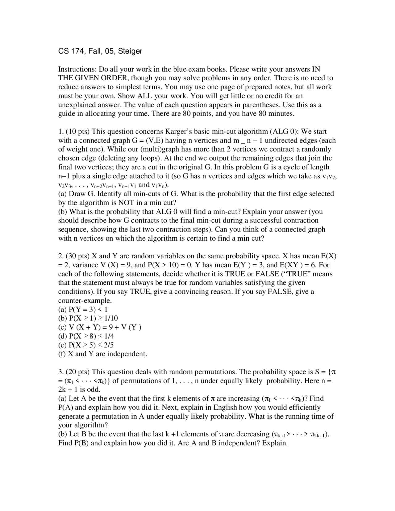 Min-Cut Algorithm - Combinatorics and Discrete Probability - Exams - Docsity
