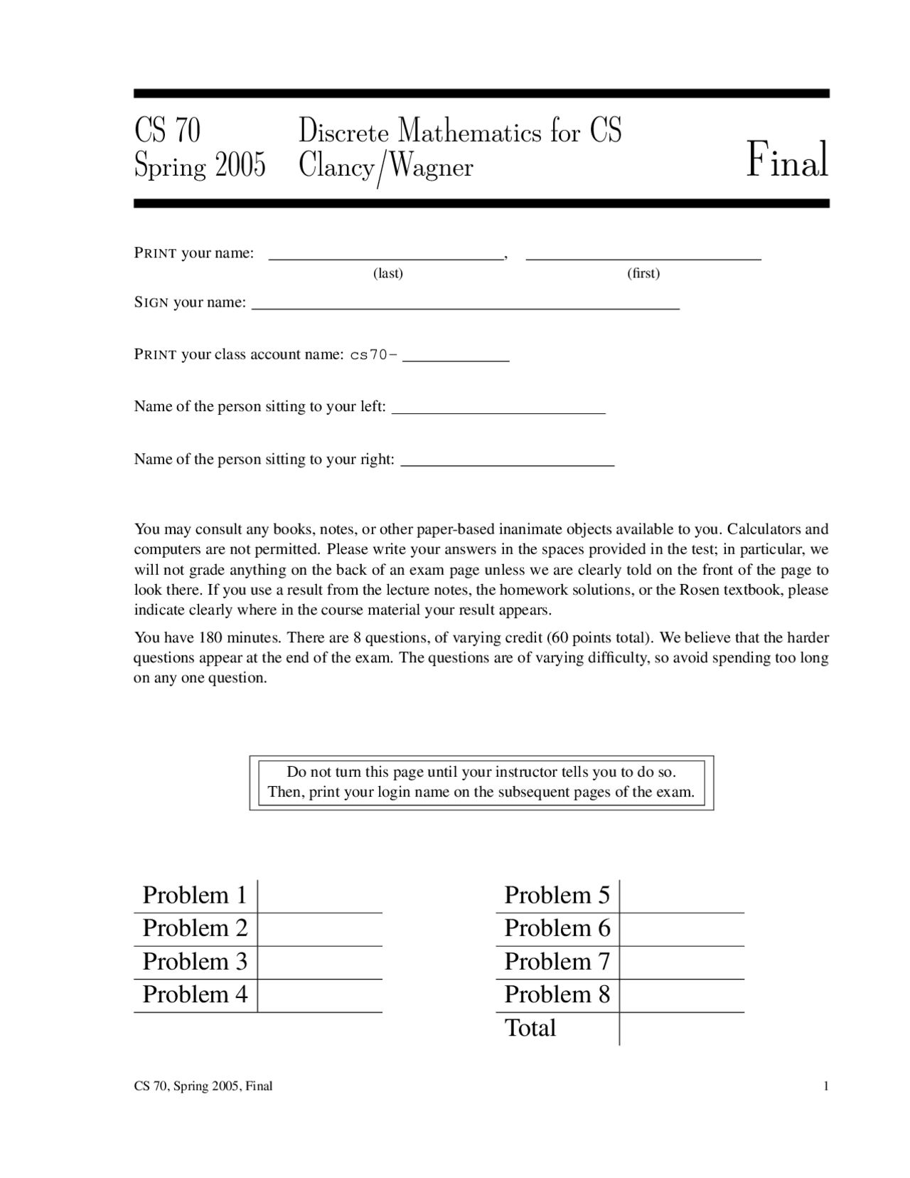 Inanimate Objects - Discrete Mathematics and Probability Theory - Exams - Docsity