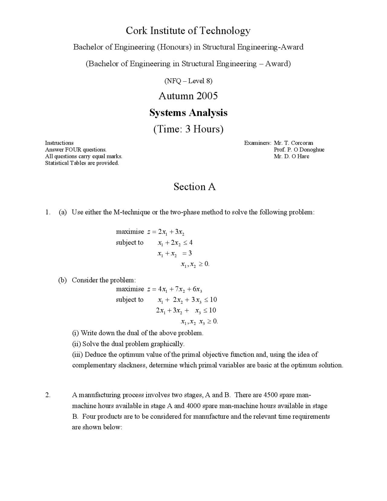 Complementary Slackness - Systems Analysis - Old Exam Paper - Docsity