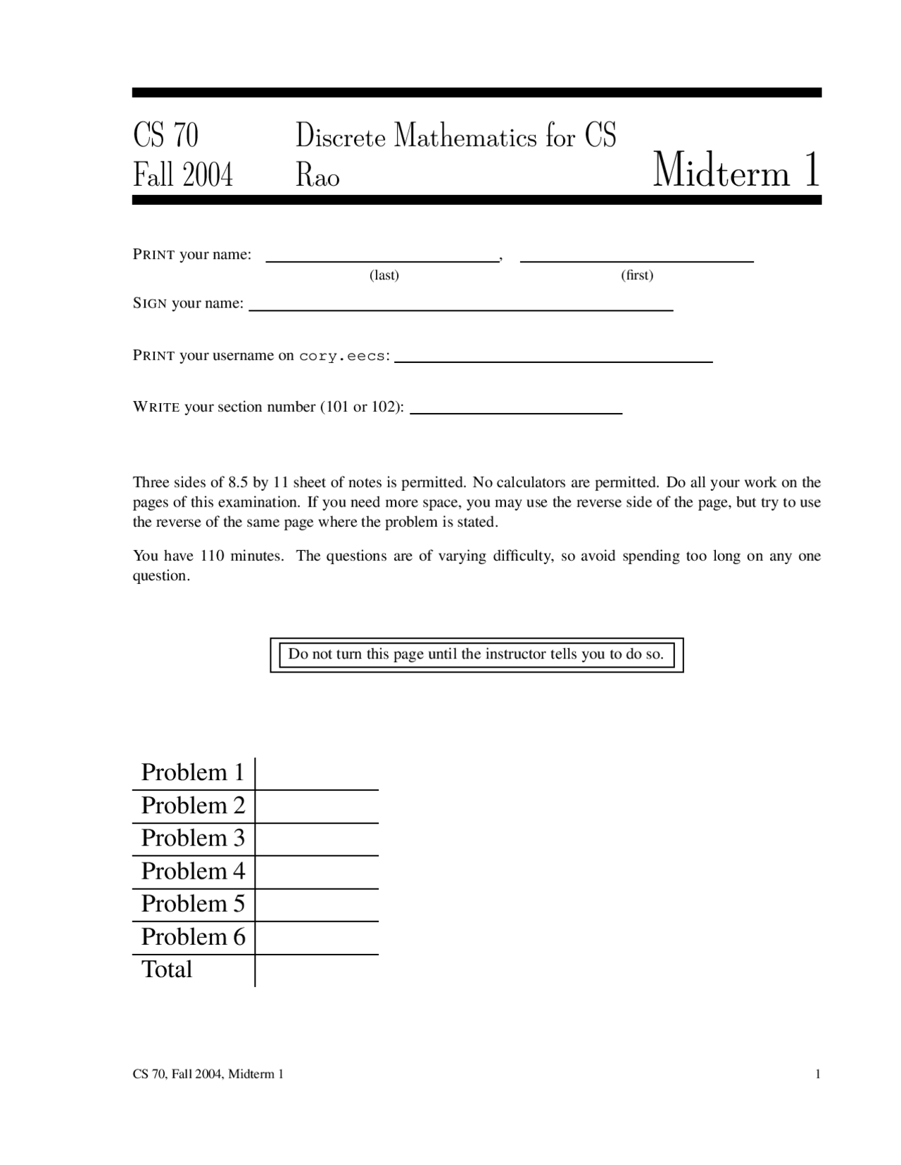 CS 70 Midterm 1 Examination, Discrete Mathematics for CS, Fall 2004 | Exámenes Matemática ...