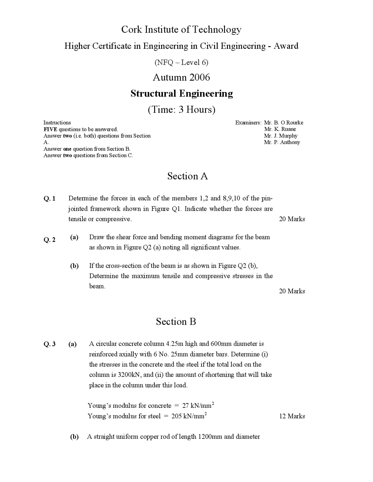 Amount Of Shortening Structural Engineering Old Exam Paper Docsity