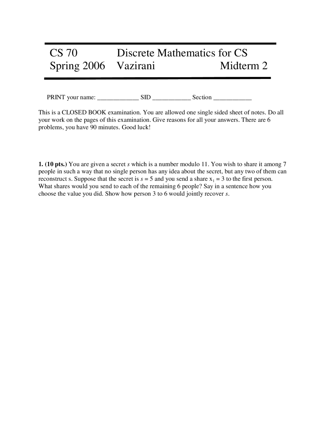 Discrete Mathematics Midterm Examination for CS 70, Spring 2006 | Prove d'esame Discrete ...
