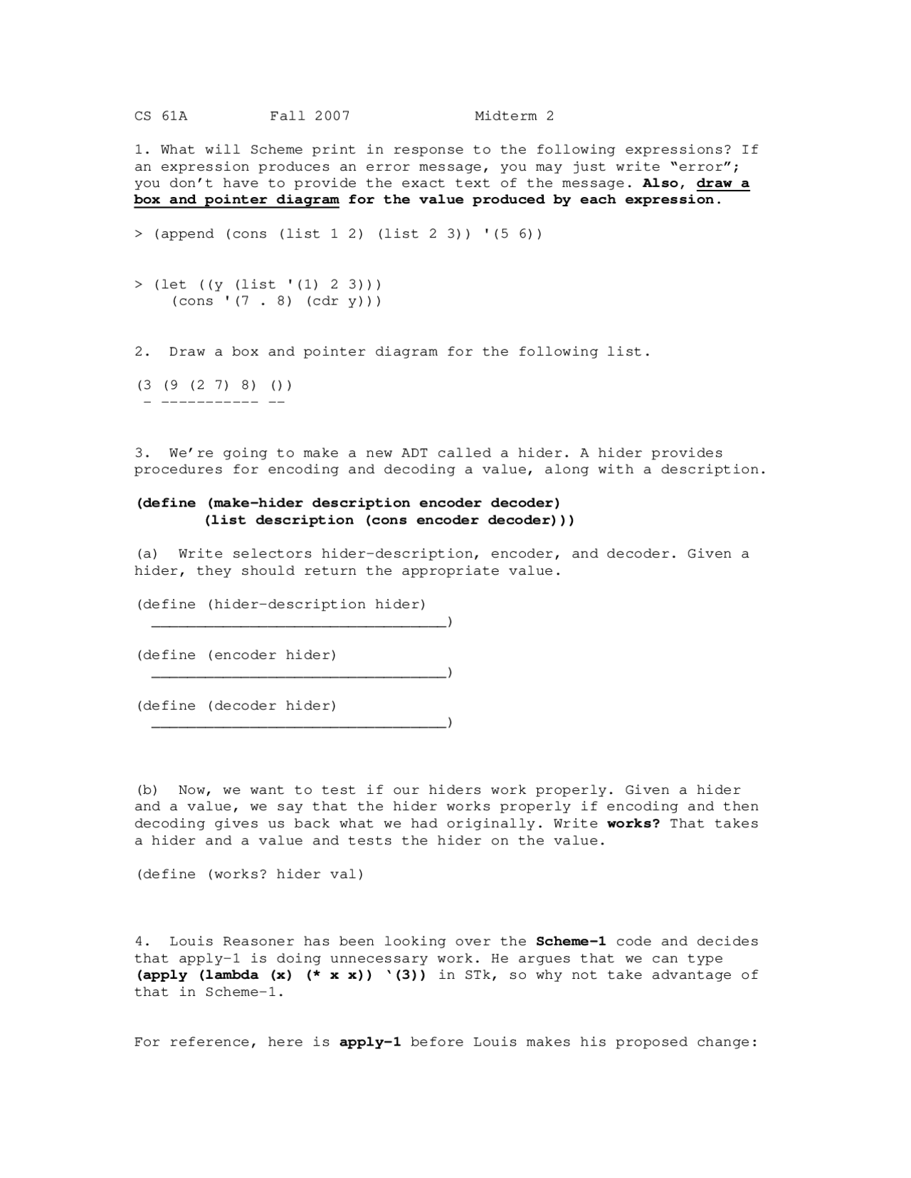 Hider Description The Structure And Interpretation Of Computer Program Exams Docsity