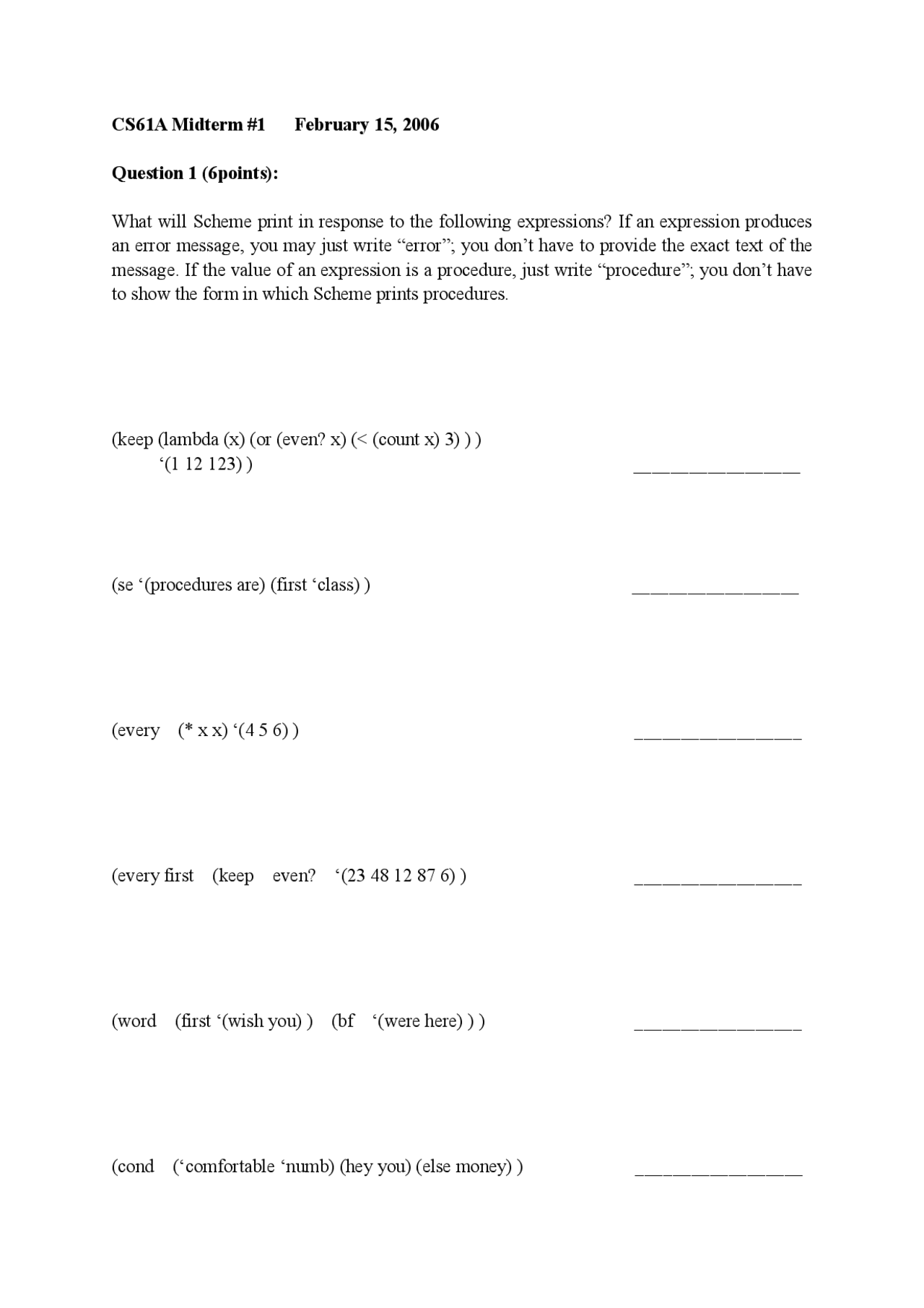 CS61A Midterm #1 Solutions | Exams Computer Engineering and Programming | Docsity