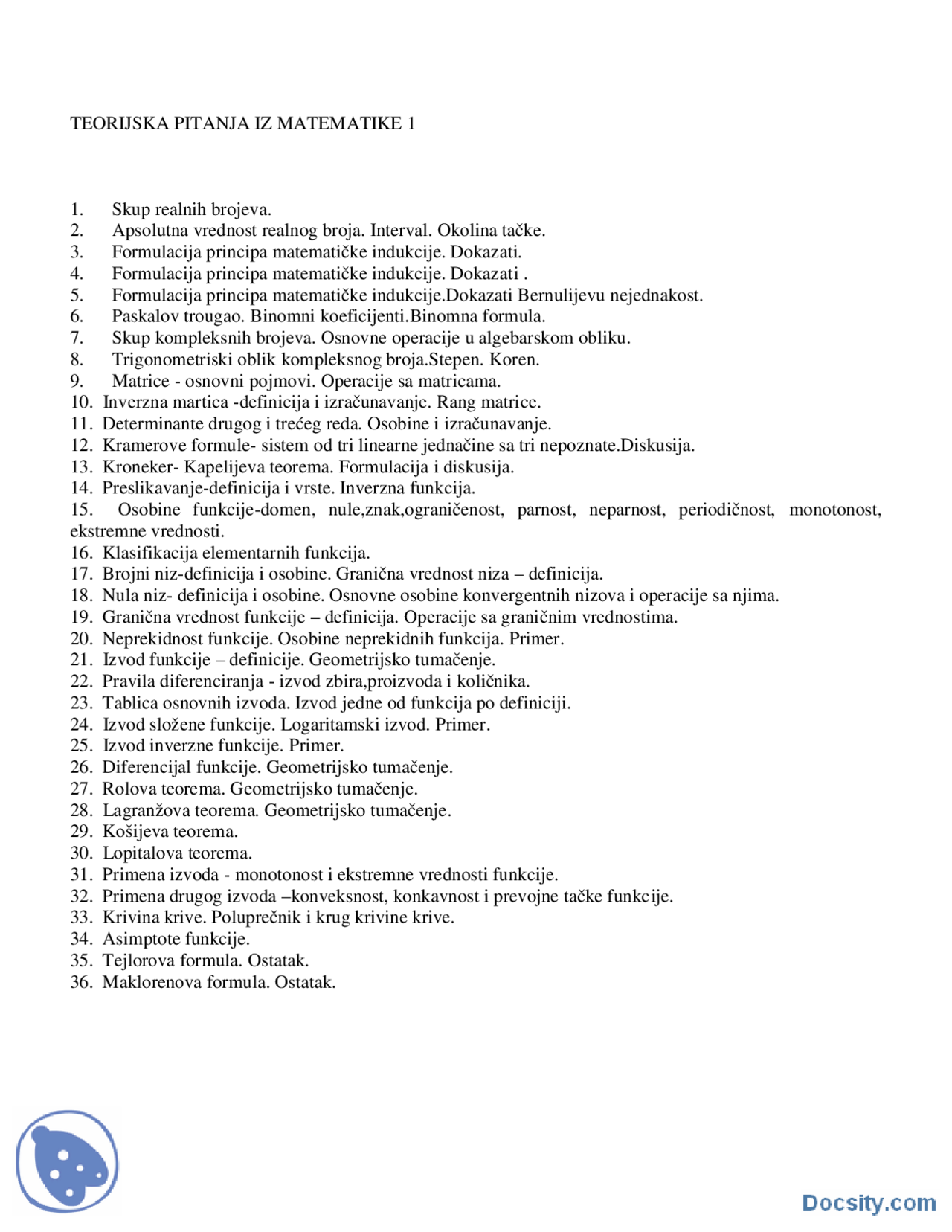 Ispitna pitanja-Ispit-Matematika 1-Elektrotehnika i racunarstvo | Ispiti' predlog Matematika ...