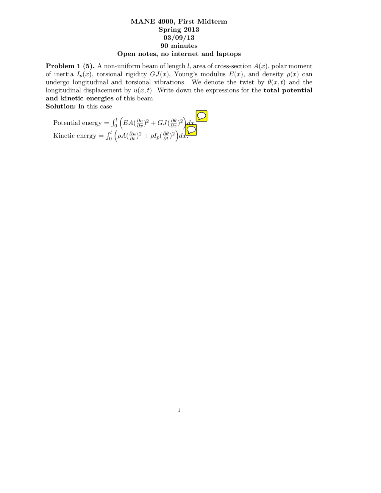 Midterm Exam 1 Problems - Aeroelasticity and Structural Vibrations | MANE 4900 | Exams ...