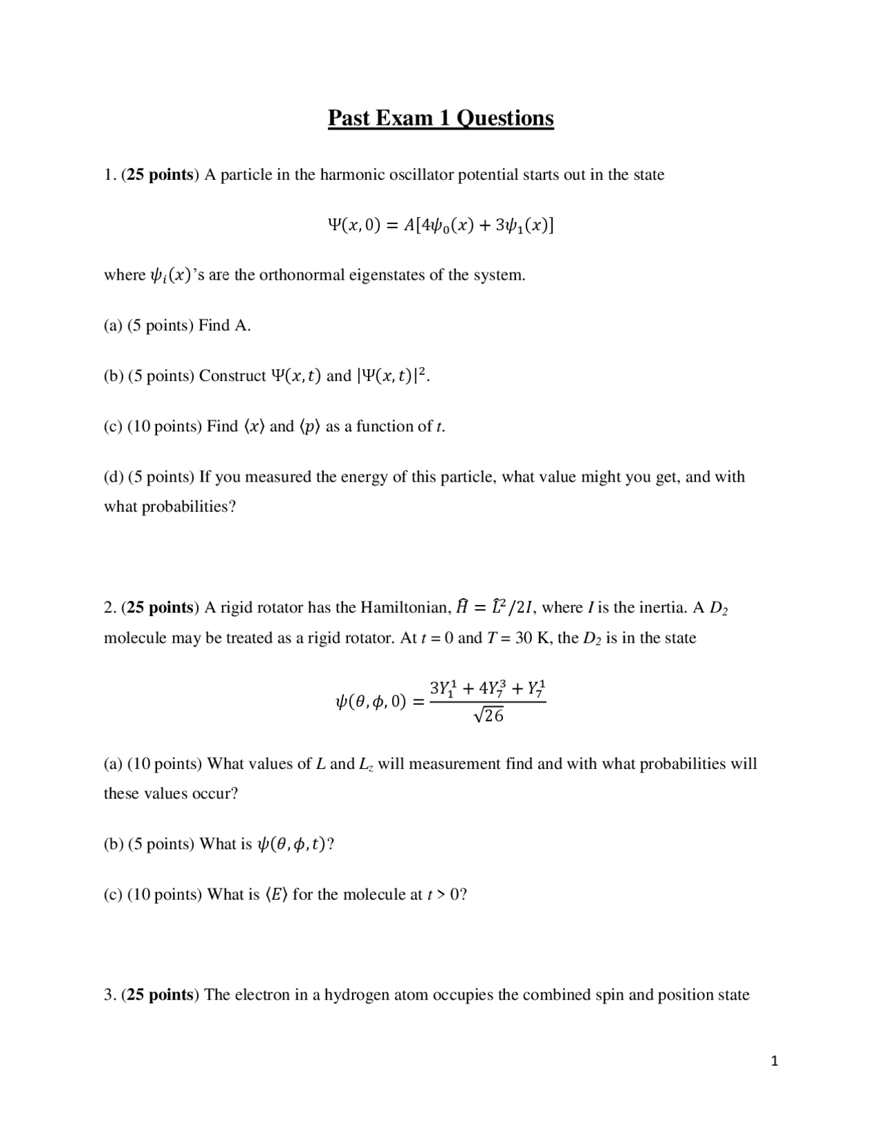 Past Exam 1 Questions for Introduction to Quantum Mechanics | PHYS 4100 ...