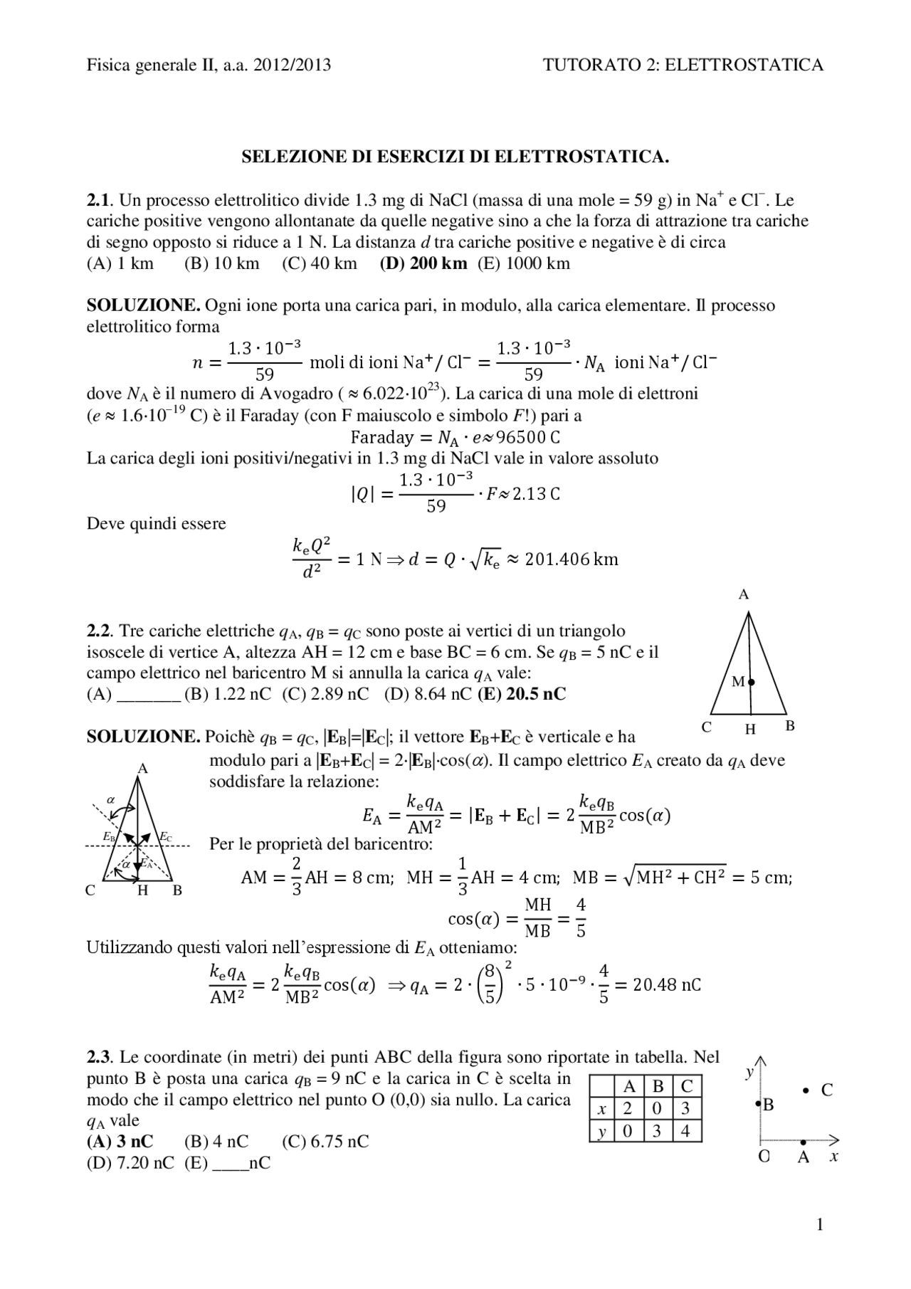 Selezione di esercizi di elettrostatica - Esercizi - Fisica | Esercizi di Fisica | Docsity