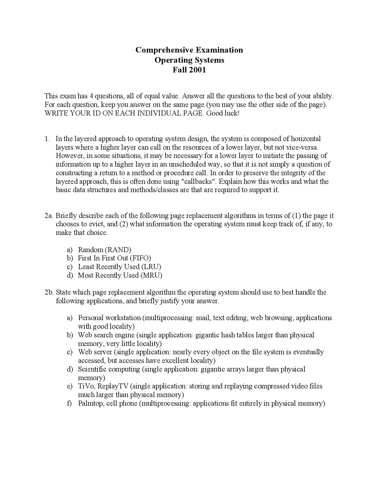 Original Algorithm Operating System Exam Docsity