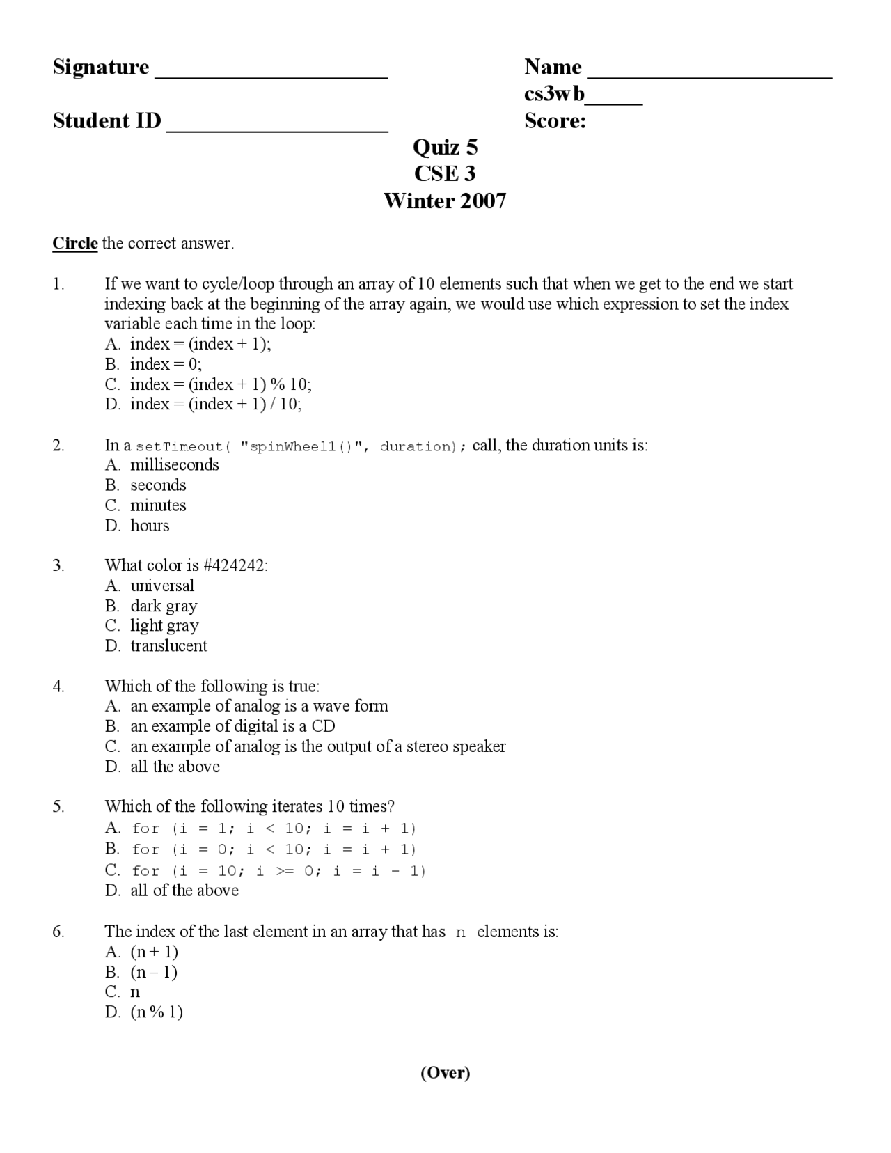 First Element Computer Science Quiz Docsity