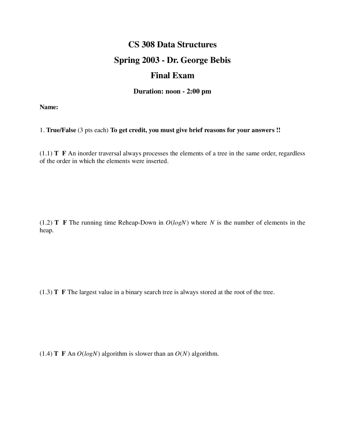 Allocated Tree Data Structures Exam Exams Data Structures And Algorithms Docsity
