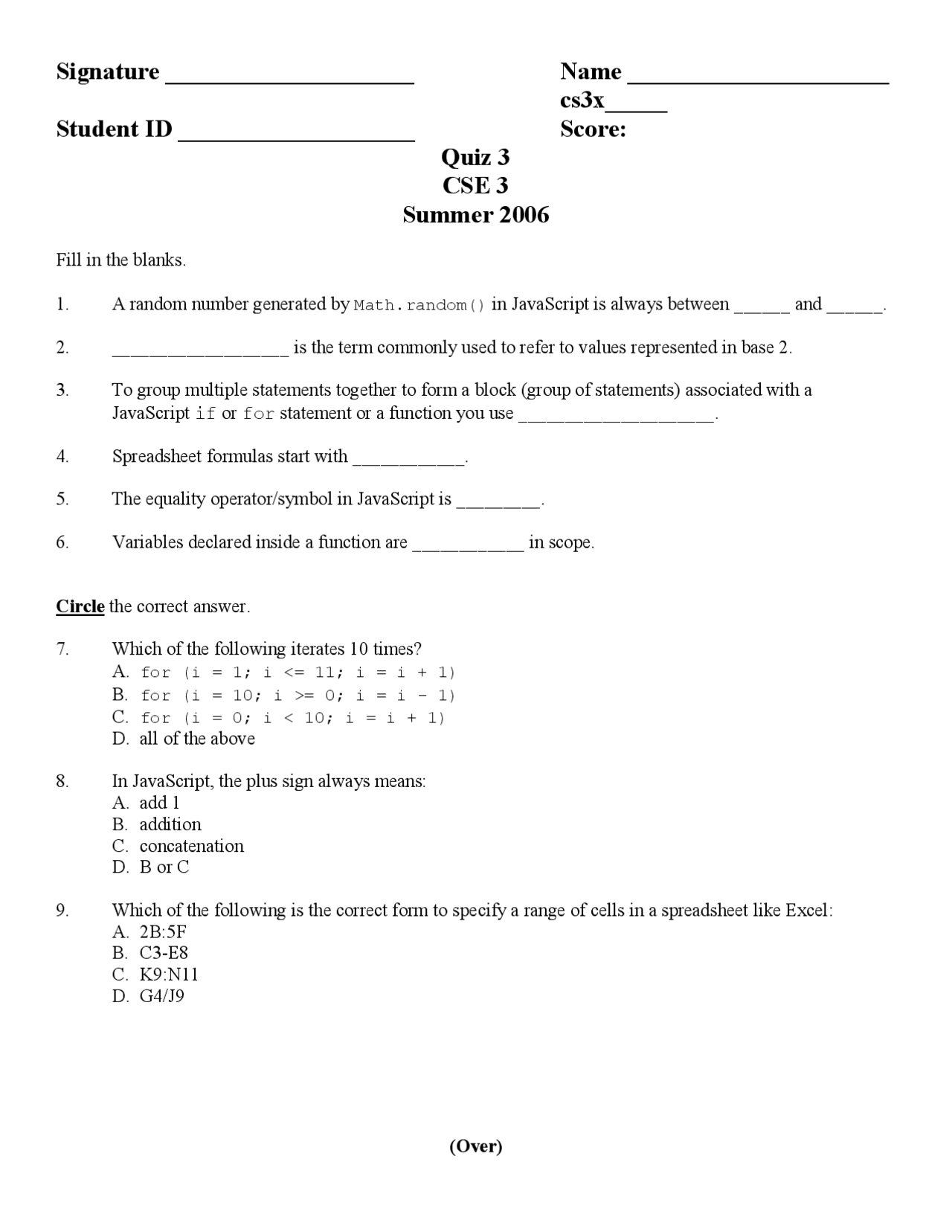 String Concatenate Computer Science Quiz Docsity